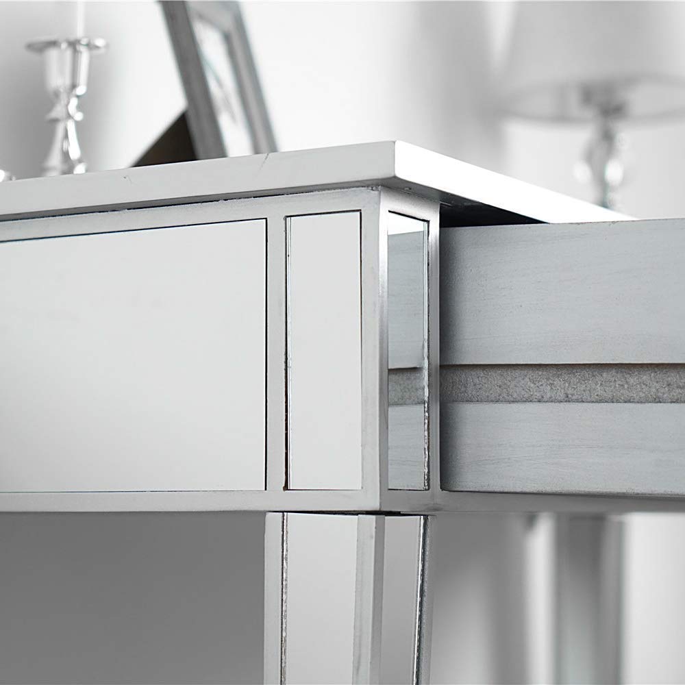 Mirrored Console Table with 2 Drawer, Silver Mirrored Makeup Dressing Table Vanity Desk, Modern Writing Desk Media Table for Bedroom Entryway Home Office