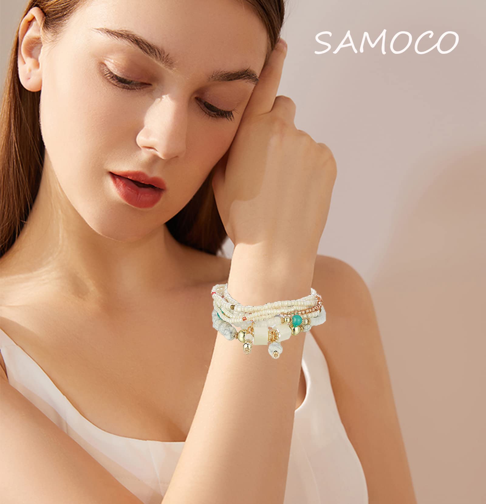 SAMOCO 9 Sets Bohemian Stackable Bead Bracelets for Women Stretch Multilayered Bracelet Set Multicolor Jewelry