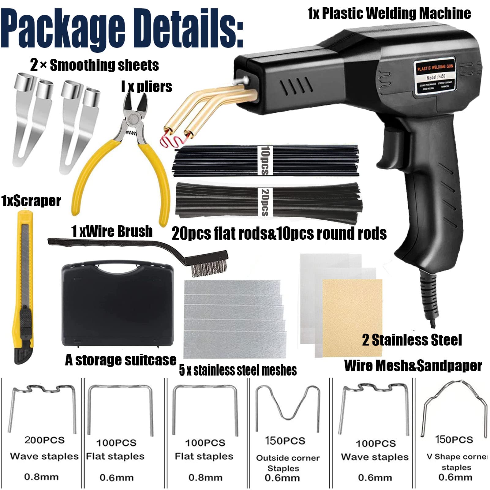 Upgraded 150W Plastic Welder Bumper Repair Kit,2-in-1 Plastic Welding Kit 800PCS Hot Staples & 30pcs Plastic Welding Rods,Hot Stapler Plastic Repair Kit for Car Bumper Kayak Crack Repairs(black)