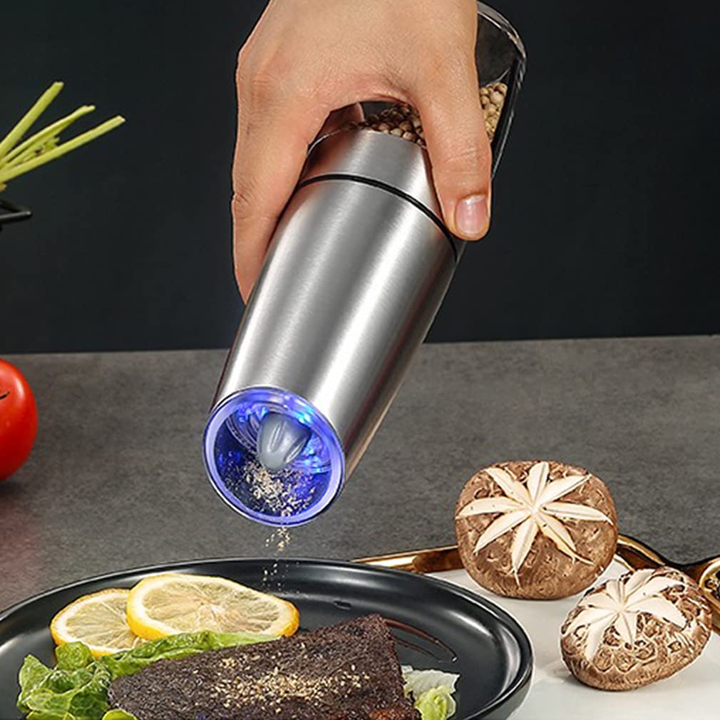 Premium Gravity Electric Salt and Pepper Grinder Set of 2, Automatic One Hand Pepper Mills with LED Light, Automatic Pepper and Salt Mill Grinder Battery-Operated with Adjustable Coarseness