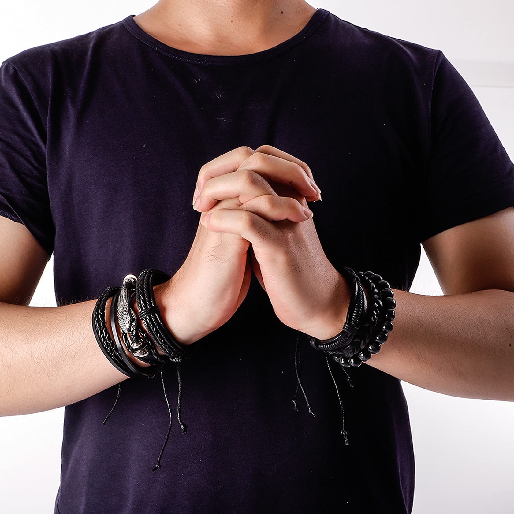 Mafnee Manfnee 6PCS Braided PU Leather Bracelet Punk Rock Cuff Wrap Bracelets for Men Women Adjustable Black