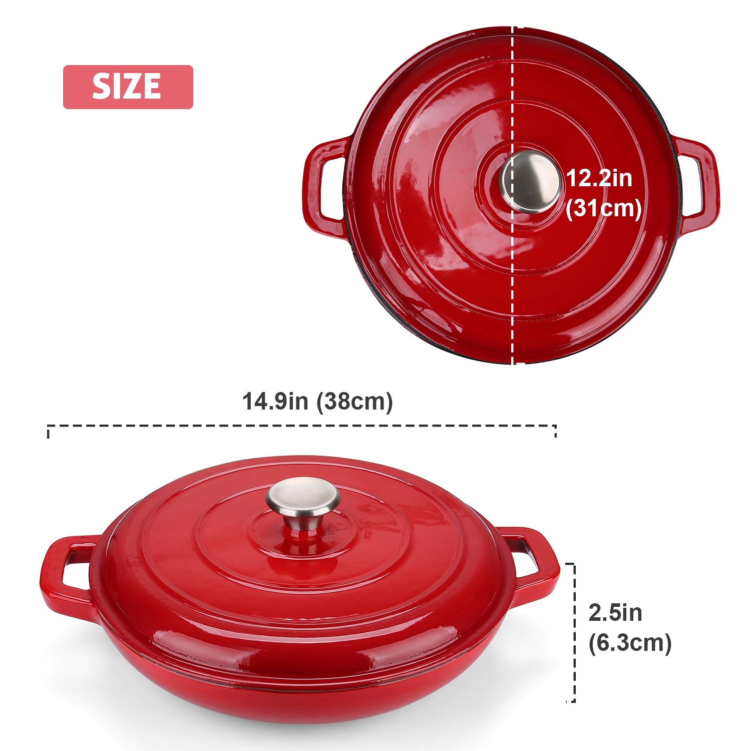 Puricon Enameled Cast Iron Casserole Braiser Pan 3.8 Quart, 12 Inches Enamel Cookware Skillet with Lid and Dual Handles -Red