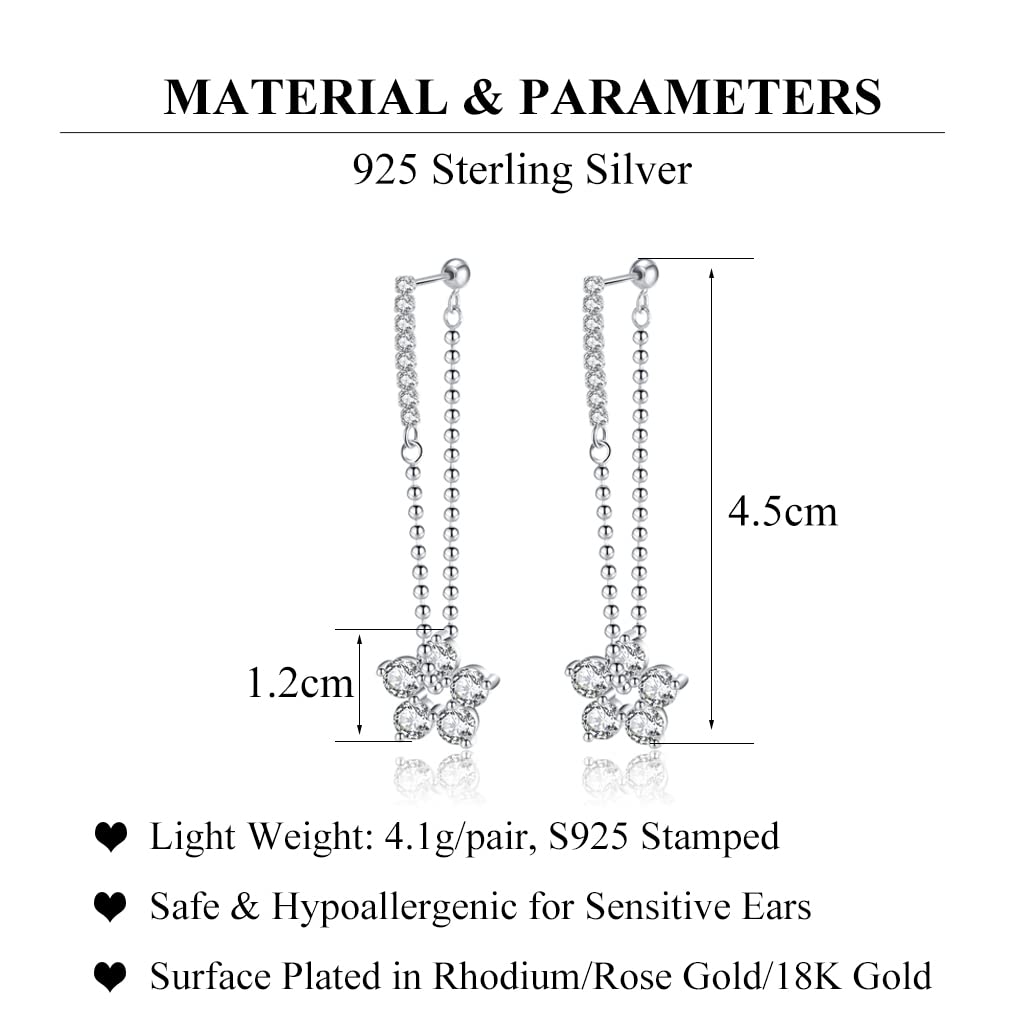 SLUYNZ 925 Sterling Silver CZ Flower Dangle Earrings Chain for Women Crystal Flower Drop Earrings Tassel Chain (A-Silver)