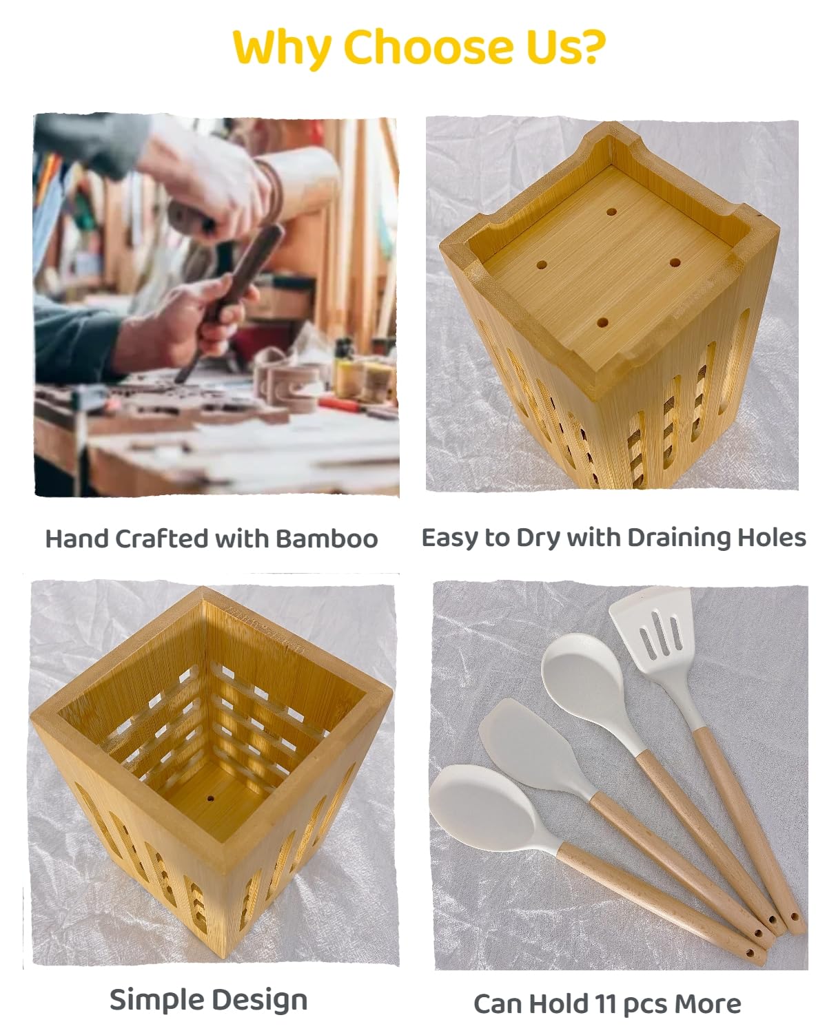 Large Bamboo Kitchen Utensil Holder, Wooden Countertop Cooking Utensils Crock, Farmhouse Cooking Tools Storage Organizer for Spatulas, Spoons, Turners