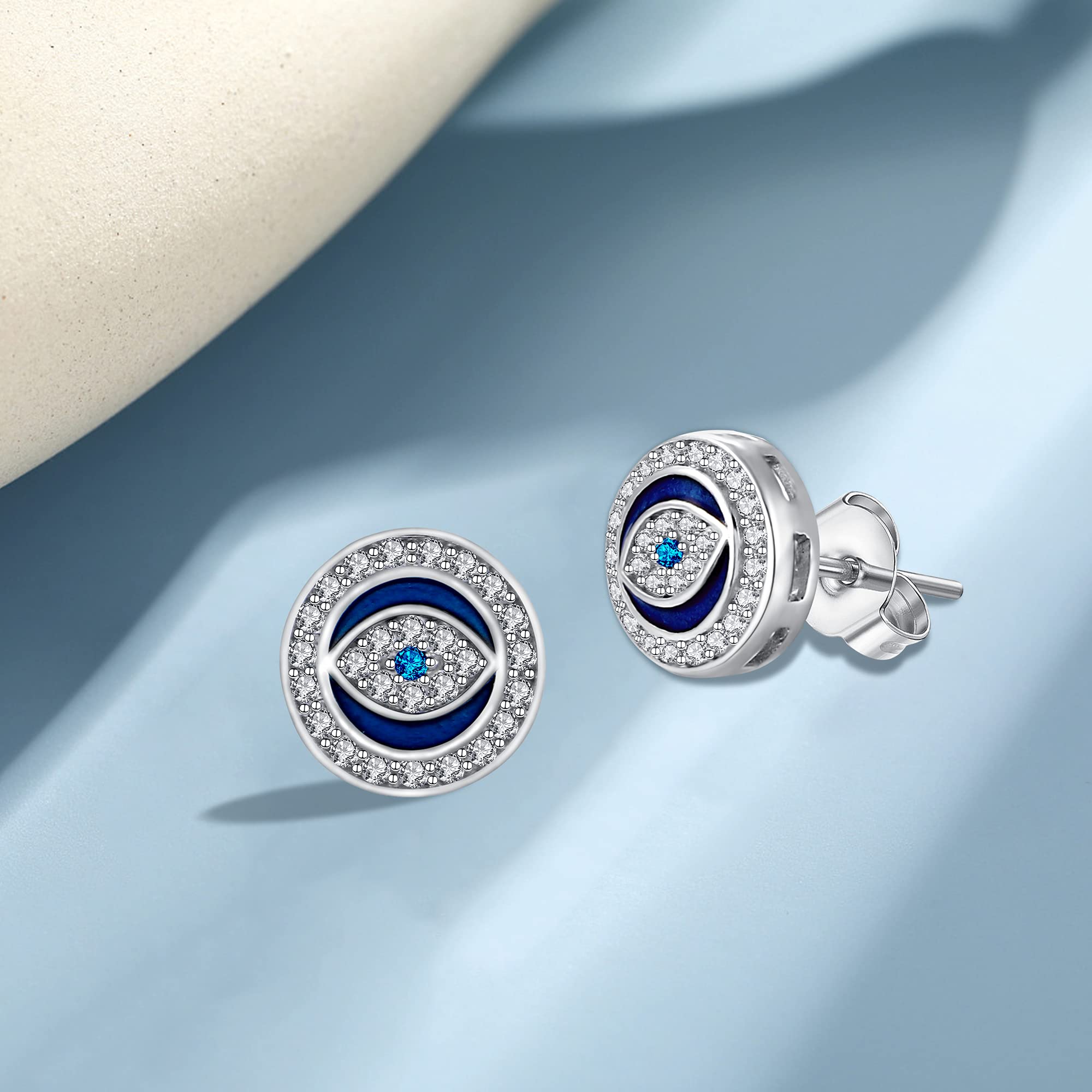 MOONQUEEN Blue Evil Eye Stud Earrings 925 Sterling Silver Eardrop Cubic Zirconia,Lucky Gift for Women Girls