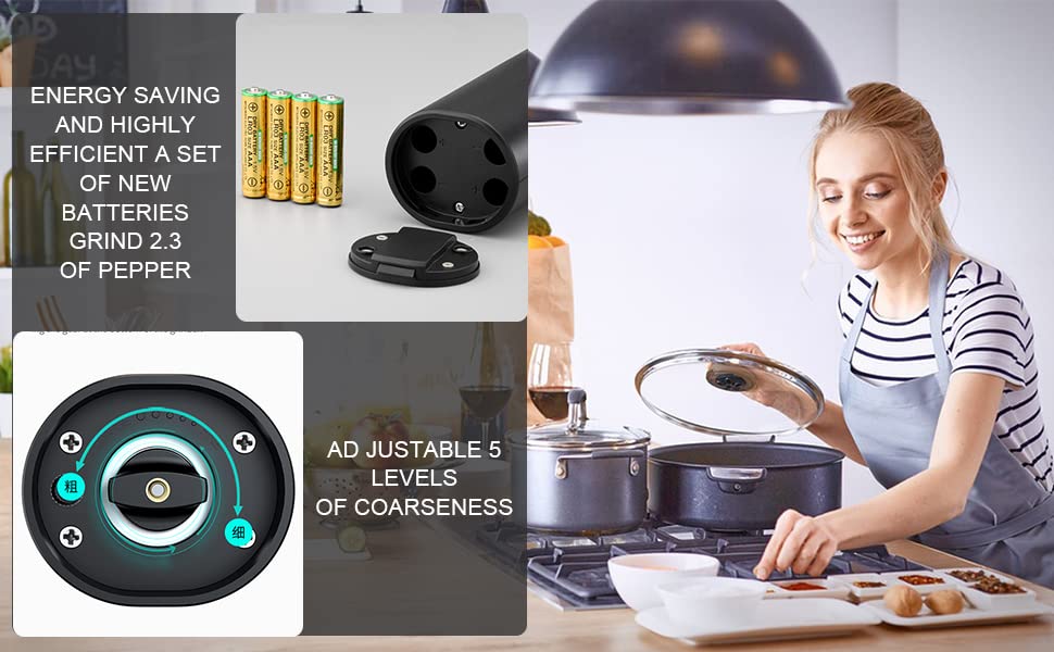 Saknaop Electric Pepper Grinder,Pepper Salt Mill Grinder refillable with Gravity Sensor Switch, Salt Grinder Spice Grinder with Adjustable Coarseness and LED Blue Light,Battery Operated