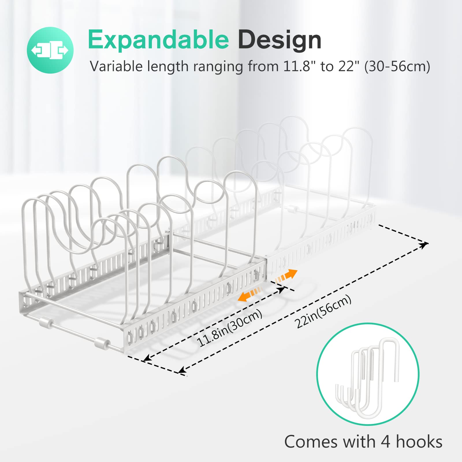 Puricon Expandable Pot and Pan Organizer for Cabinet with 10 Dividers, Adjustable Pots and Pans Organizer Rack Pan Lid Cookware Bakeware Baking Storage Holder for Kitchen Countertop Pantry -White