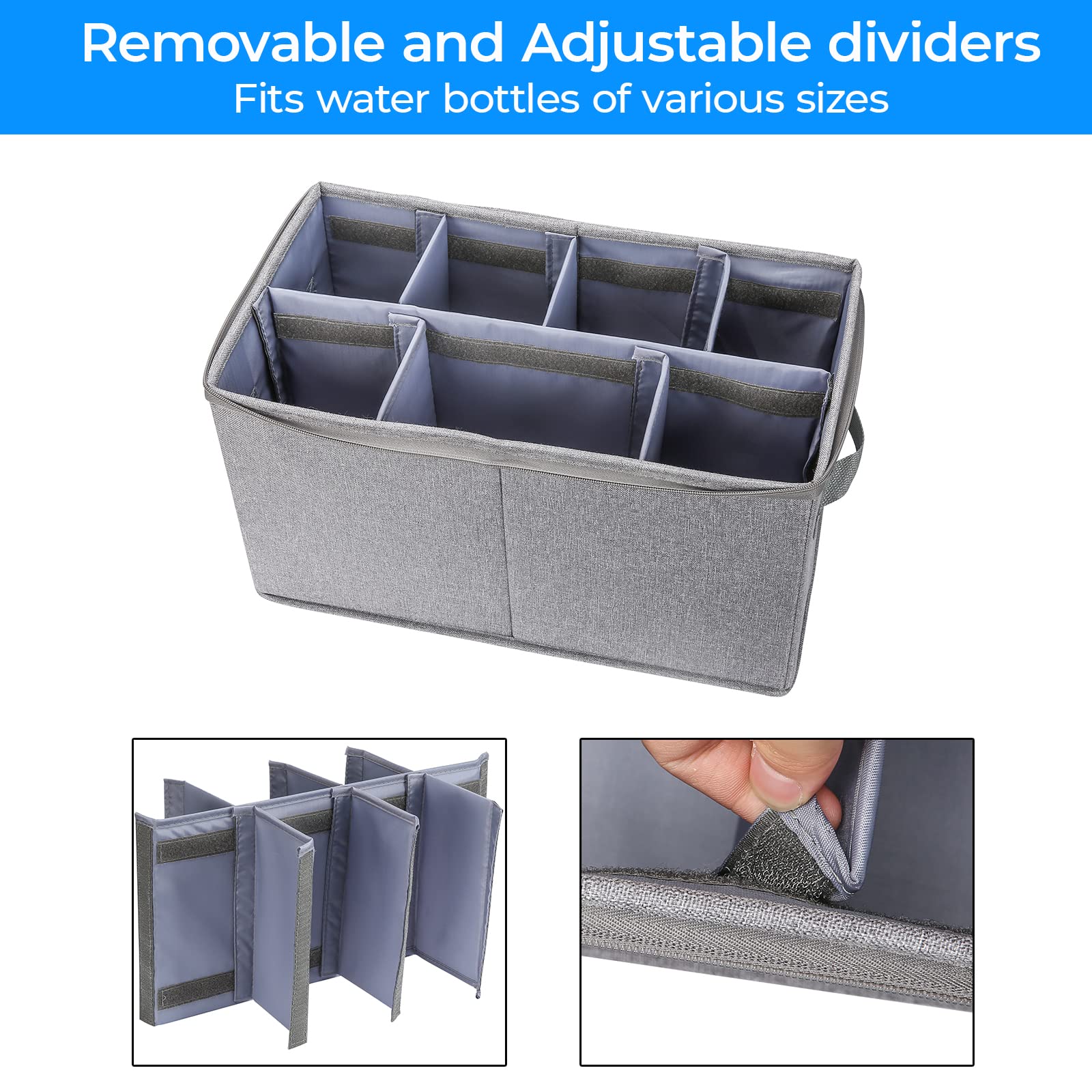 Puricon Water Bottle Storage Containers with Dividers, Drinkware Bottle Boxes Case with Lid for Kitchen Cabinet Cardboard Pantry Shelf -Grey