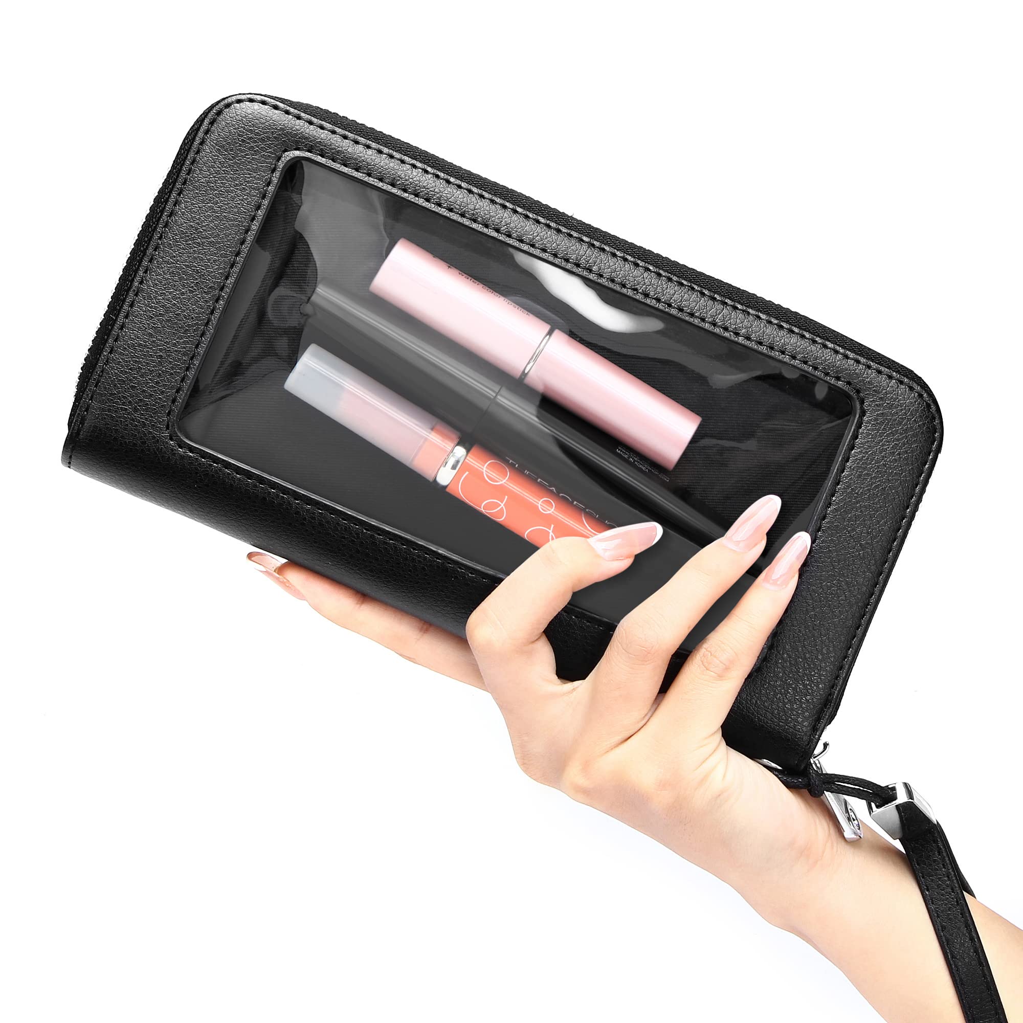 Large Capacity Credit Card Holder Organizer Bifold Wallet for Women Zip Around with Wristlet & Clear Window Clutch Purse Gift Packing(Green)