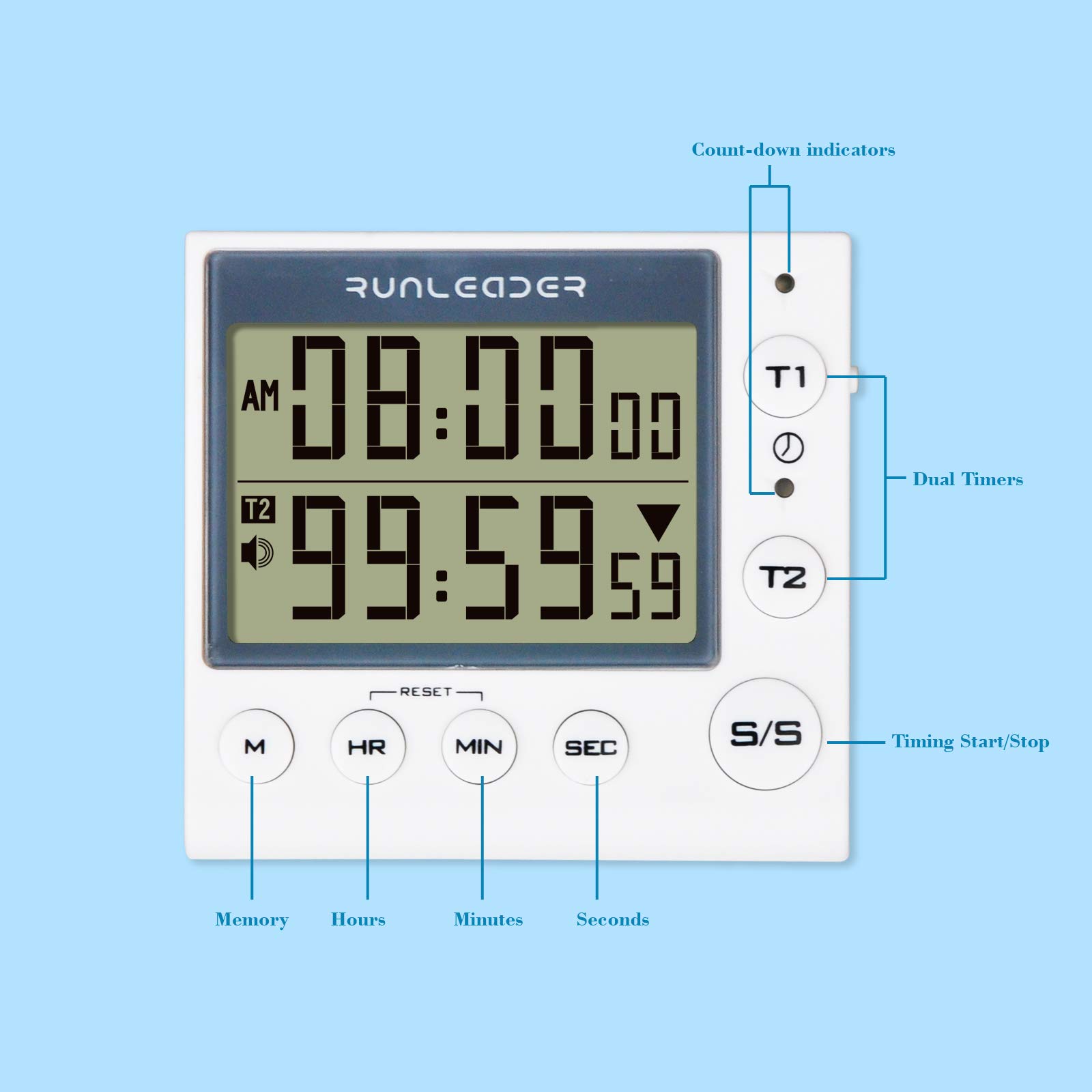Runleader Kitchen Timer, Bakery Timer, Digital Display Cooking Timer Count Down/Count Up Timer with Magnetic Back,Independent Button,Aloud Alarm,for Cooking Learning Sport Office(Battery Included)