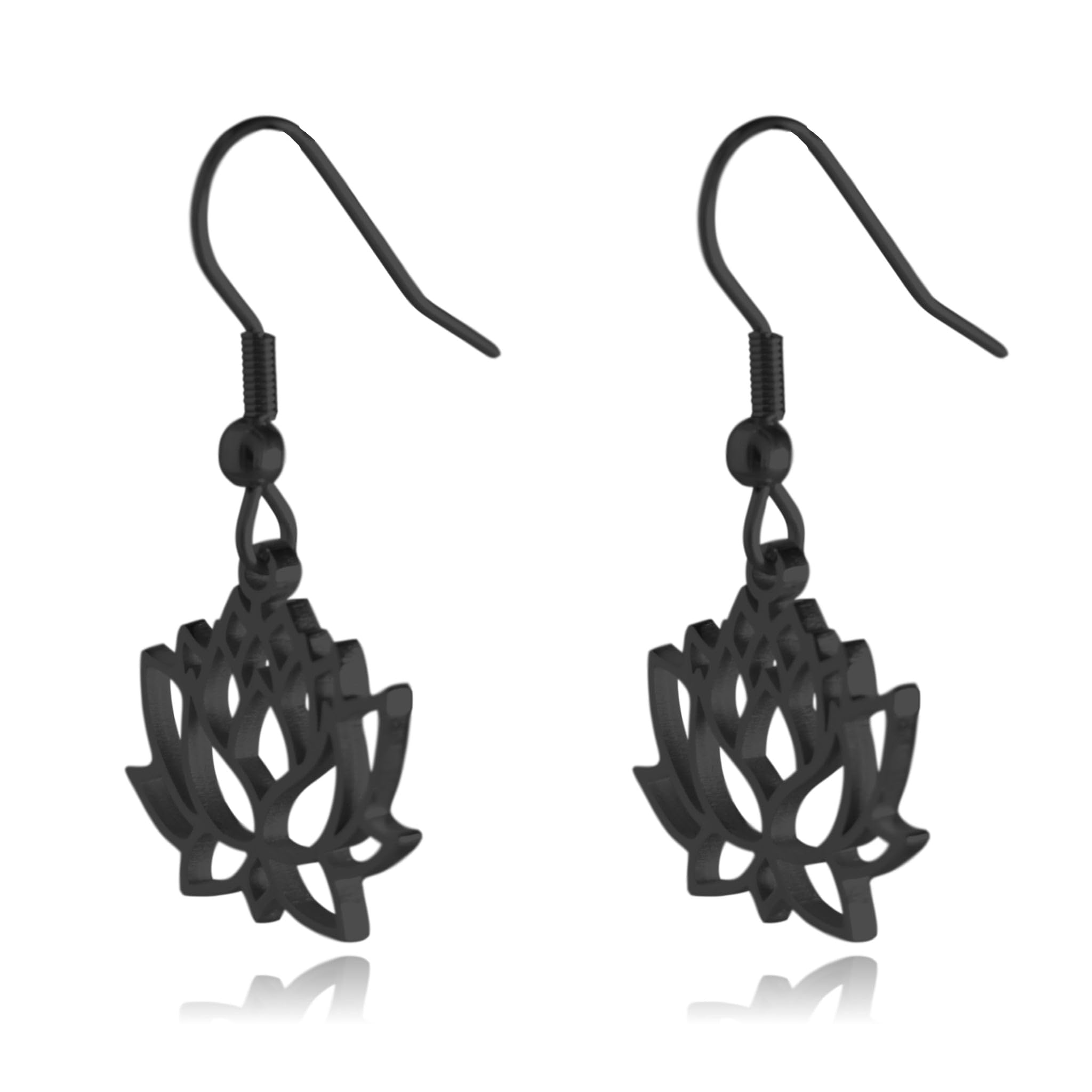 Lotus Flower Stainless Steel Dangle Earrings (Black)
