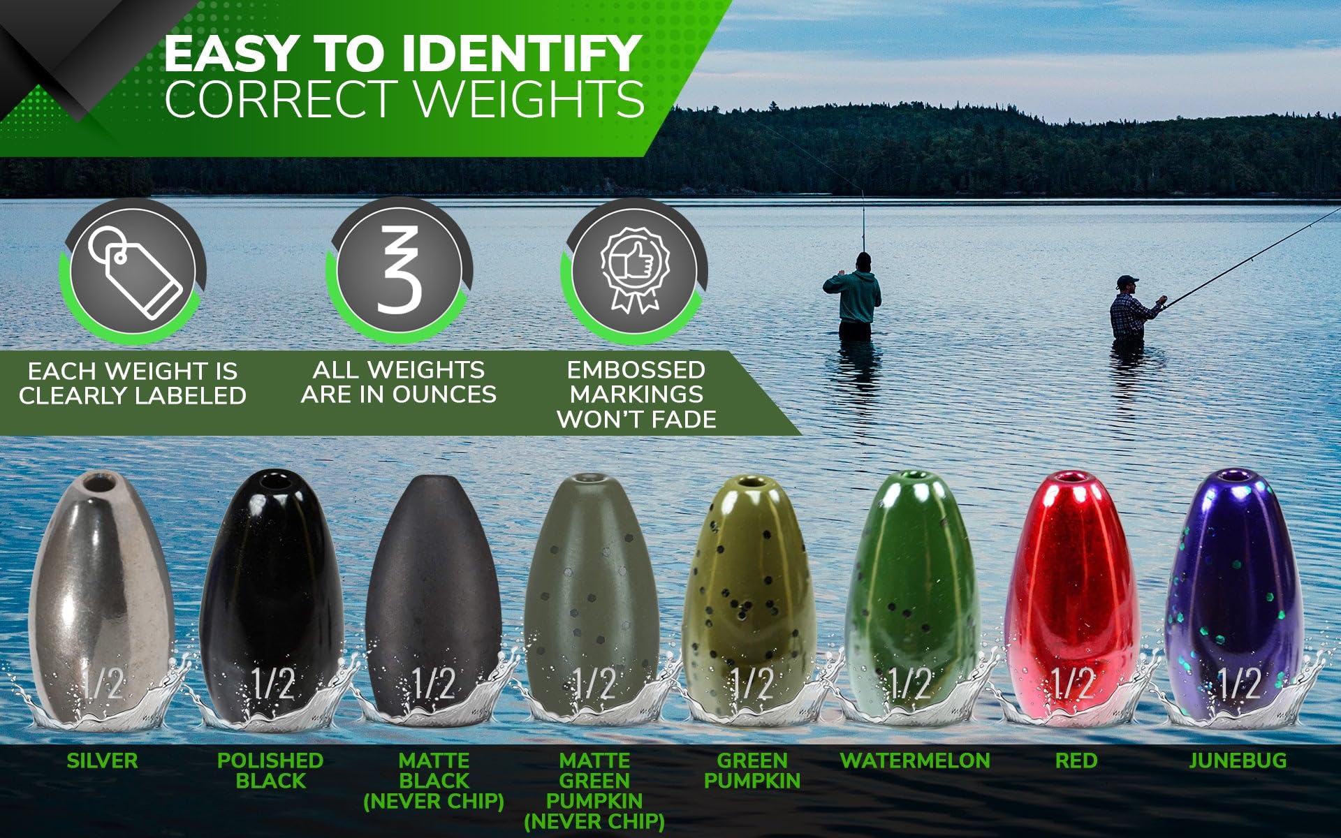 Reaction Tackle Tungsten Flipping Weights Sinkers - 3/8 Never Chip Green Pumpkin