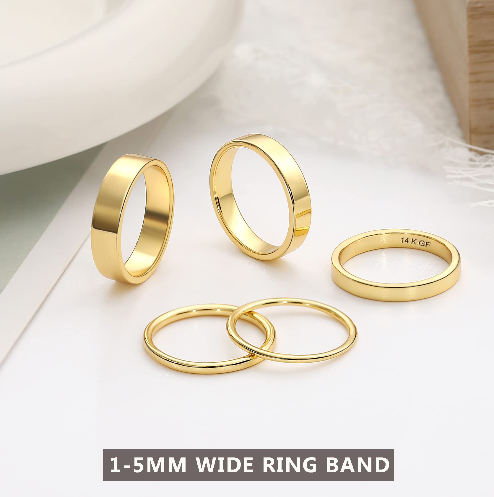 RLMOON 14K Gold Plated Ring Stacking Plain Band Stackable Thumb Finger Ring Gold Wedding Band 5MM Ring for Women Men Comfort Fit Size 8