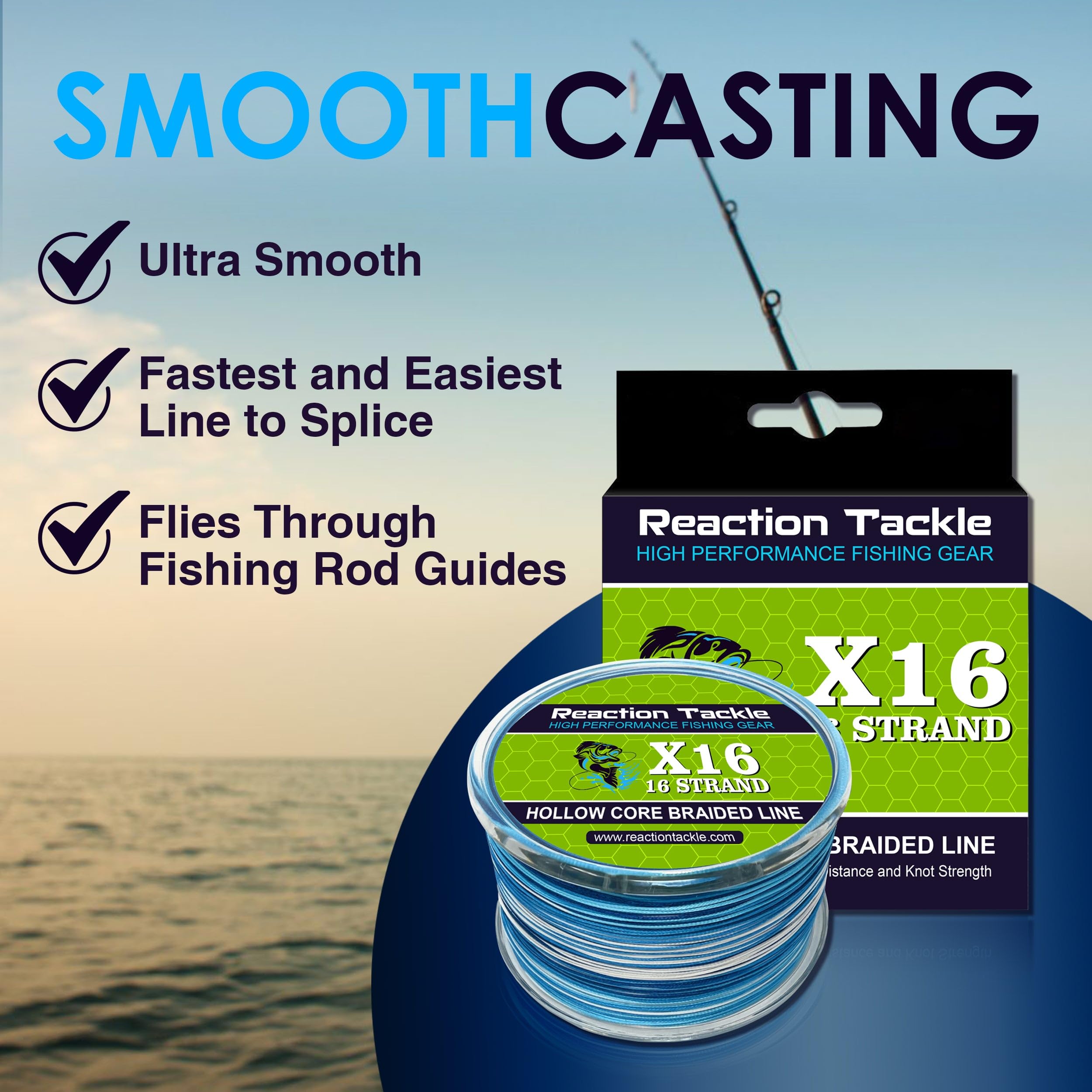 Reaction Tackle Hollow Core, 16 Strand Braided Fishing Line Blue Camo - 80LB / 1000yds