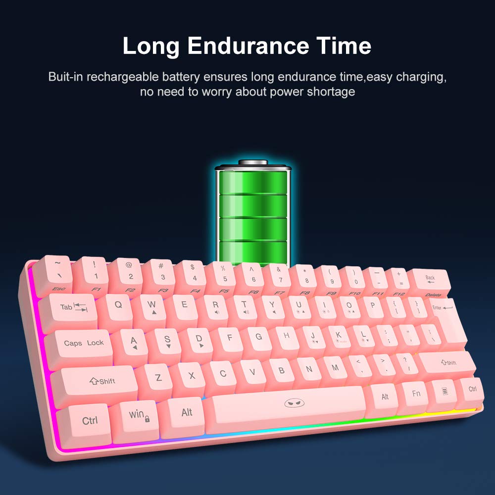 MageGee 60% Wireless Gaming Keyboard with 2.4G Connection, Ultra Compact 61 Keys RGB Backlit Quiet Office Keyboards for Windows Laptop PC, Waterproof, Pink