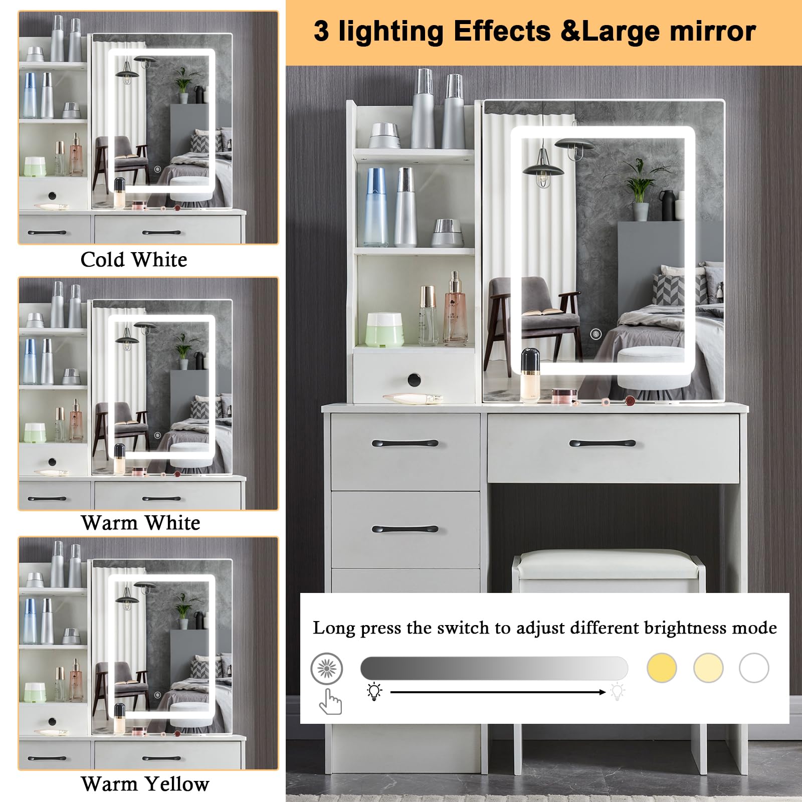 Kkonetoy Vanity Desk with Lights, White Makeup Desk Vanity Set with Sliding Mirror and 5 Drawers, Modern Makeup Vanity Dressing Table with Cushioned Stool for Girls Bedroom Dresser