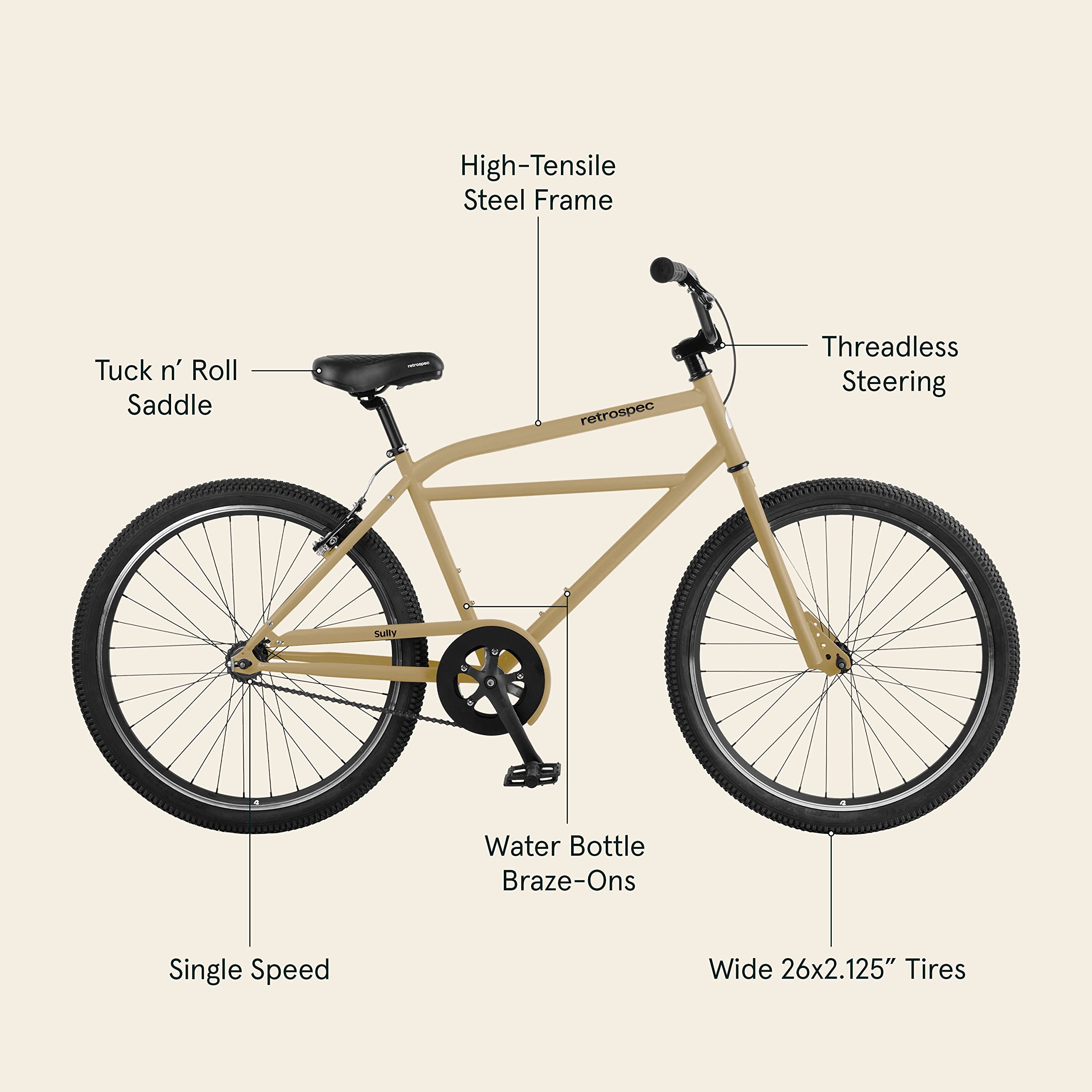Retrospec Sully Klunker High-Tensile Steel Frame Beach Cruiser Bicycle Single Speed Bike with BMX Threadless Steering, Wide Tires and Tuck n’ Roll Saddle, Desert Sand 26"