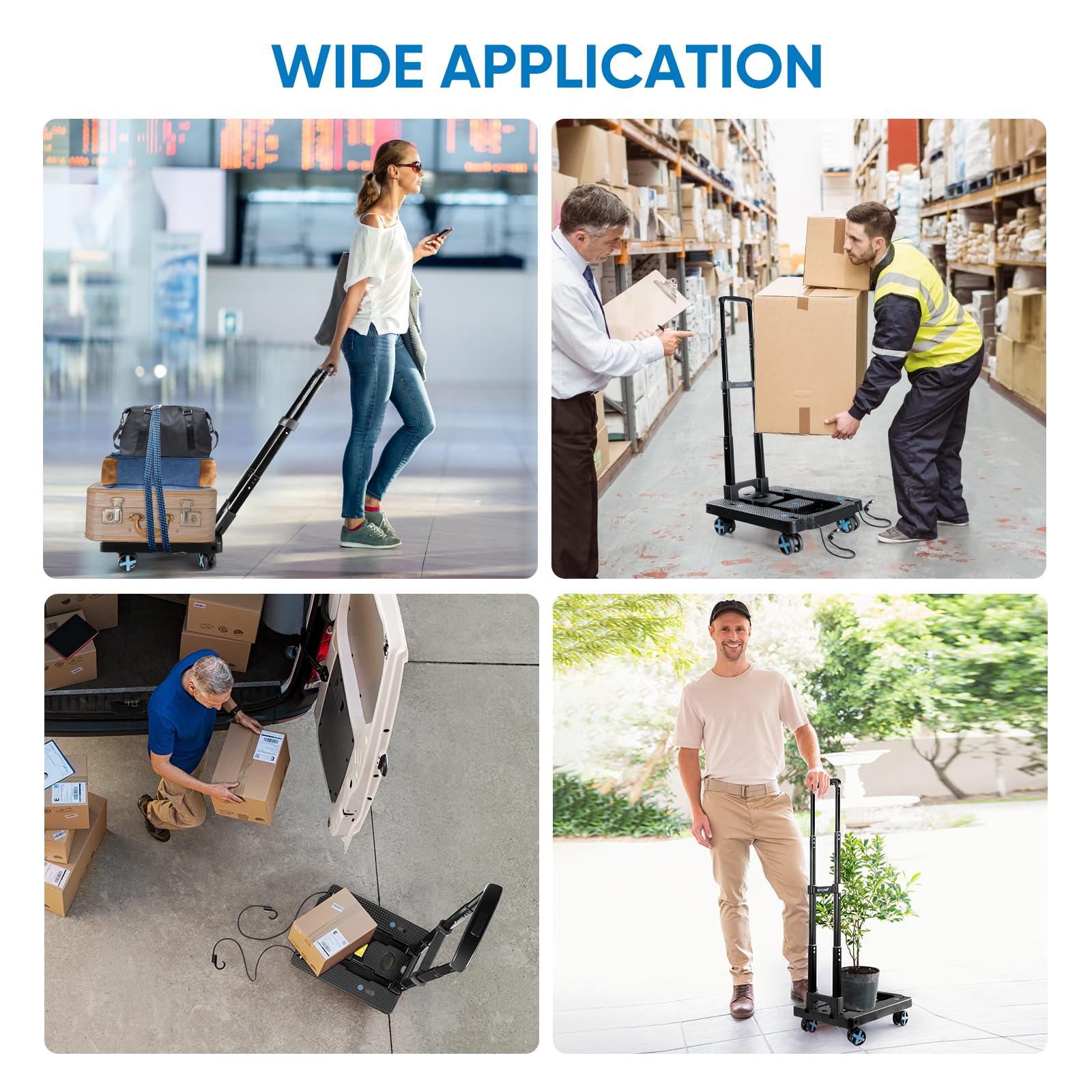 TICONN Folding Hand Truck Dolly, Portable Dolly with Adjustable Handle,Lightweight Luggage Utility Cart with 4 Rotate Wheels