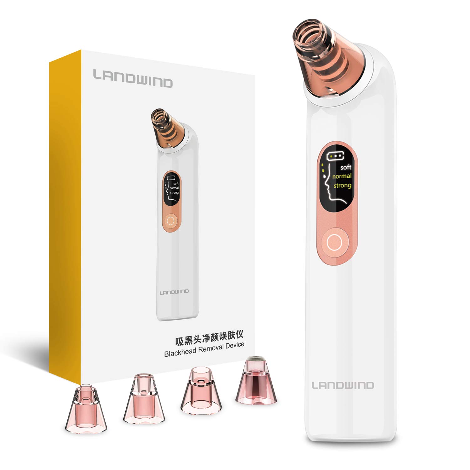 LANDWIND Blackhead Remover, acne suction tool, Facial Cleanser Pore Vacuum, with 4 Probes and 3 Adjustable Suction Level, USB Rechargeable, LED Display, for blackhead, pimple, zit, white heads, Grease