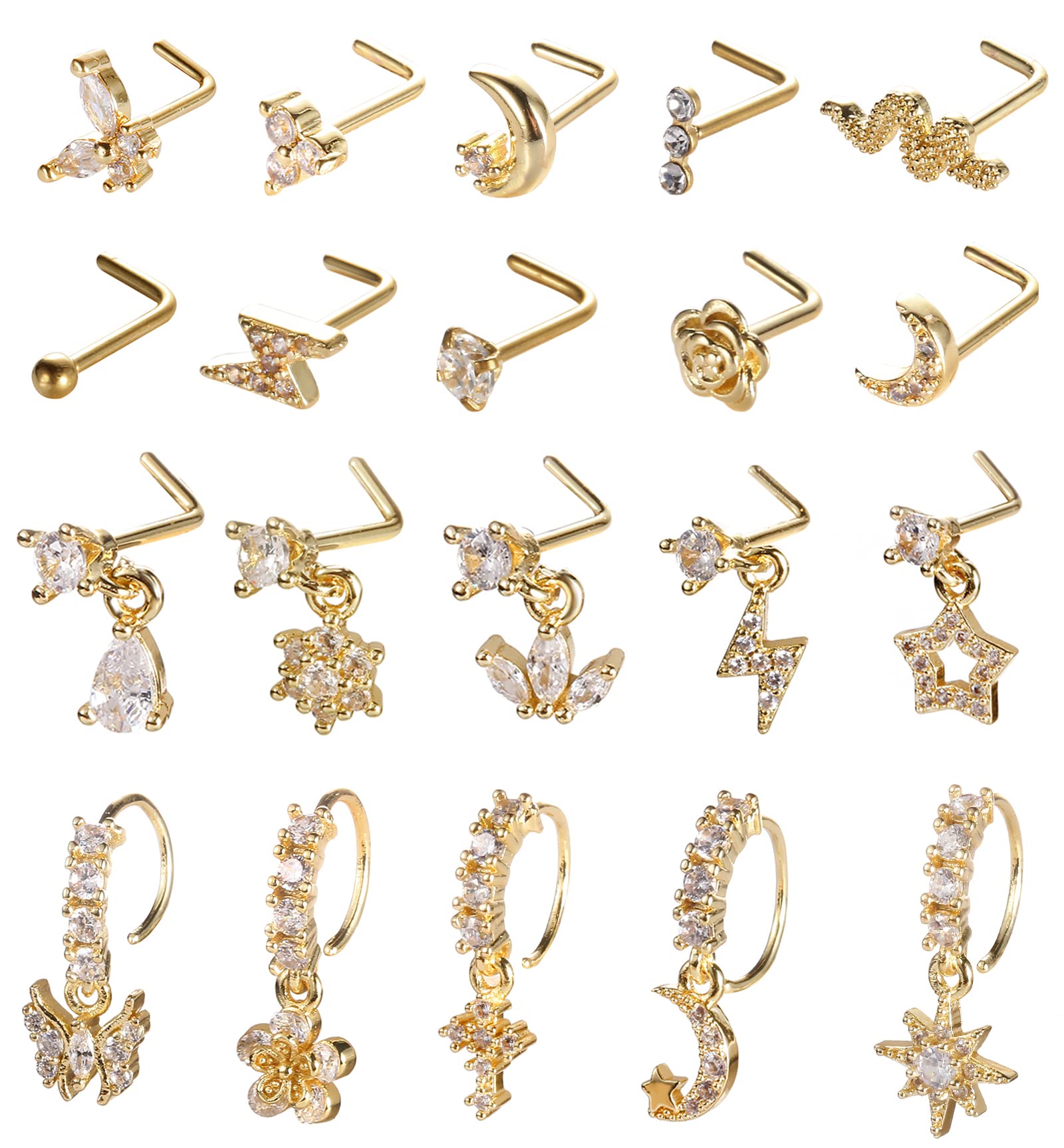 SAMOCO 20Pcs 20G Dangle Nose Ring L Shaped Dangling Stud for Women, CZ Flower Stainless Steel Studs Hoops Nose Piercing Jewelry(Gold)