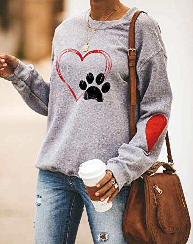Love Heart Dog Paw Print Sweatshirts Women Long Sleeve Pullover Tops Casual Blouse Mother's Day Gray X-Large