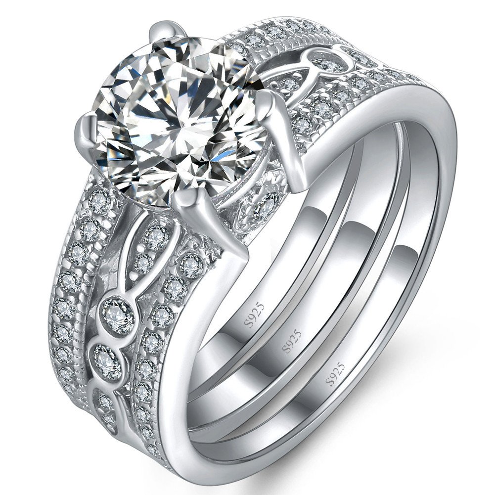 MABELLA 2.7 Carats Round Cut White Cubic Zirconia 925 Sterling Silver Alternative Engagement Wedding Ring Set Size 8