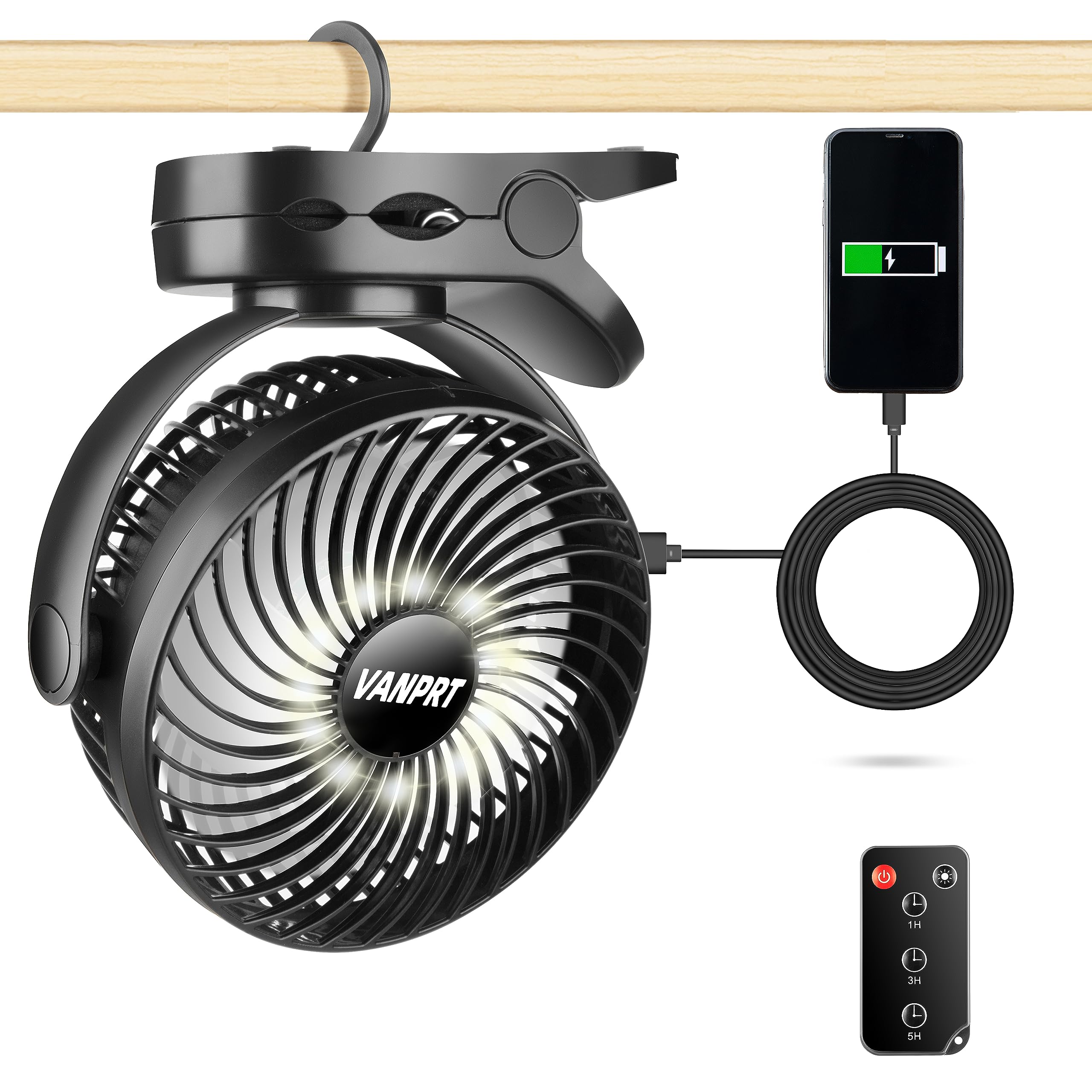 VANPRT 6'' Portable Hanging RV Tent fan with Remote Control,10000mAh Battery Camping Fan with LED light and Timer, 40 Hours Working Time Rechargeable Clip Fan, as Emergency Power - Blue
