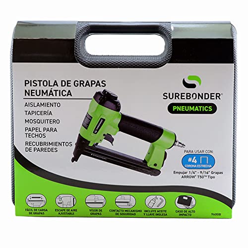 Surebonder 9600B Pneumatic T-50 Type Upholstery Stapler Kit with 6,250 Staples, 1/4-Inch - 9/16-Inch, Carrying Case Included (Air Compressor Needed but Not Included)