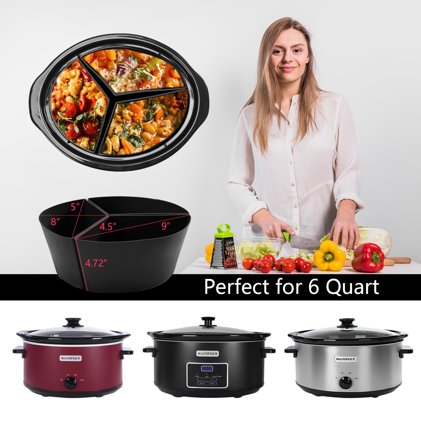 Magnifique Large Capacity Slow Cooker with Grey Silicone Liners, Perfect Kitchen Small Appliance for Family Dinners, 6 Quart, Stainless Steel