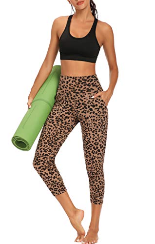Oalka Womens Capri Joggers High Waist Pockets Running Sweatpants Jogger Pants Khaki Leopard Print Large