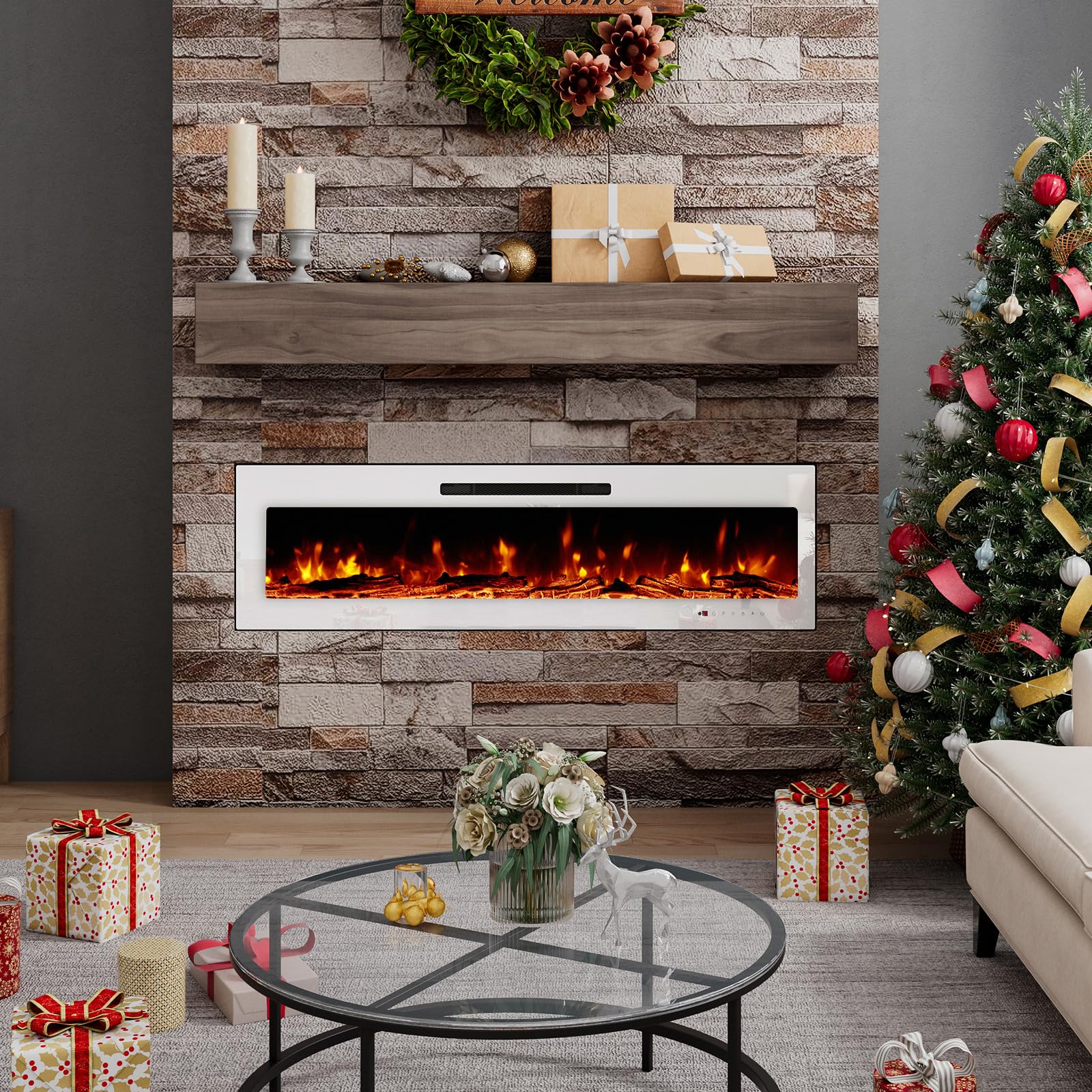 LUXOAK 60" Recessed and Wall Mounted Electric Fireplace with Adjustable Flame Brightness, Mirrored Fireplace Freestanding with Legs, Remote Control & Touch Screen, Low Noise, White