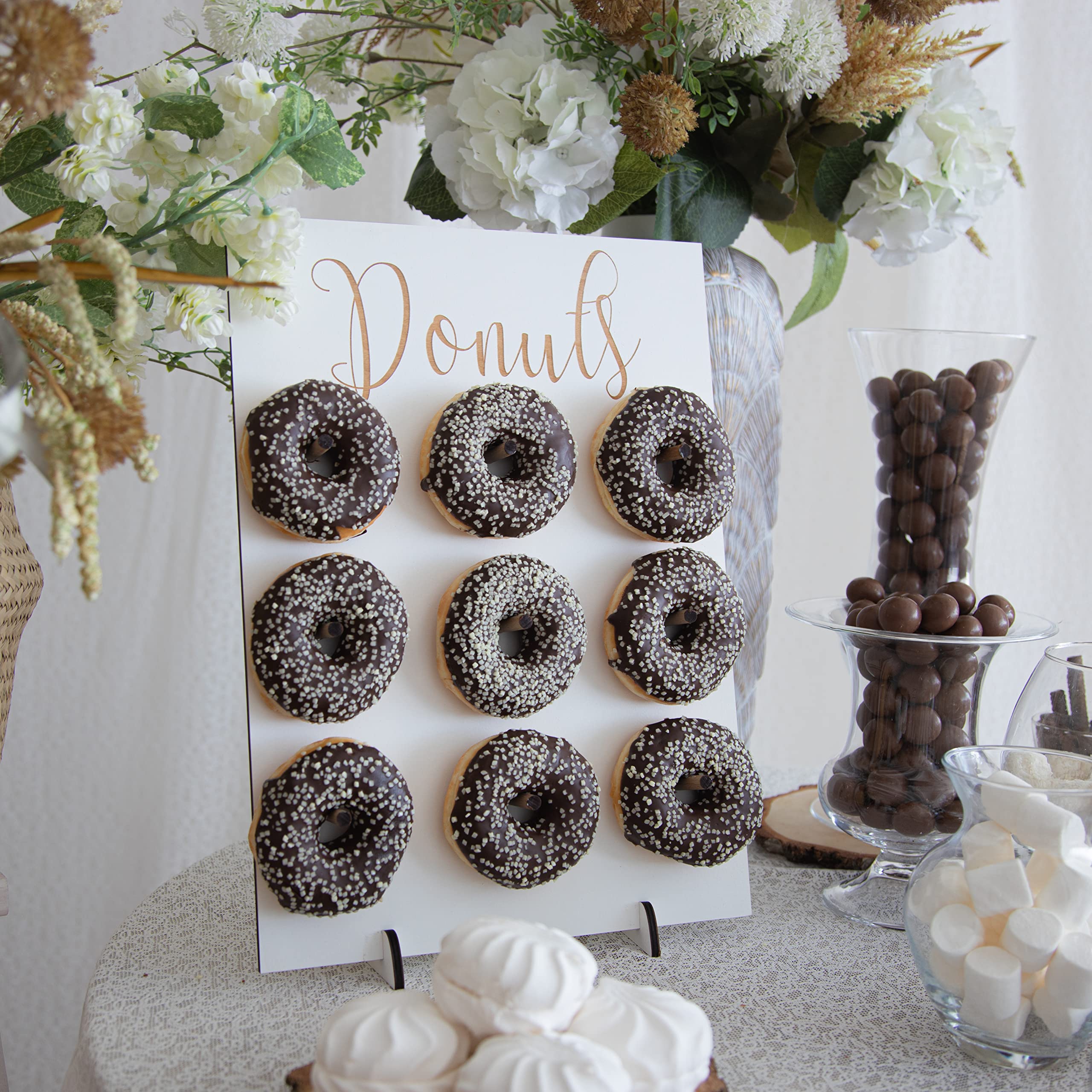 Rustic wall doughnut stand, peg board, fall wedding party decorations, minimalist wooden themed birthday table decor, baby shower, candy bar 3ั
3 pegs