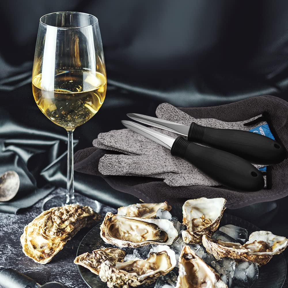 WENDOM Oyster Shucking Knife with Cut Resistant Gloves White Non-slip Easy to Grip Handle 3.5'' Oyster Shucker Kitchen Tools(1cloth+1lemon squeezer) (black1, large)