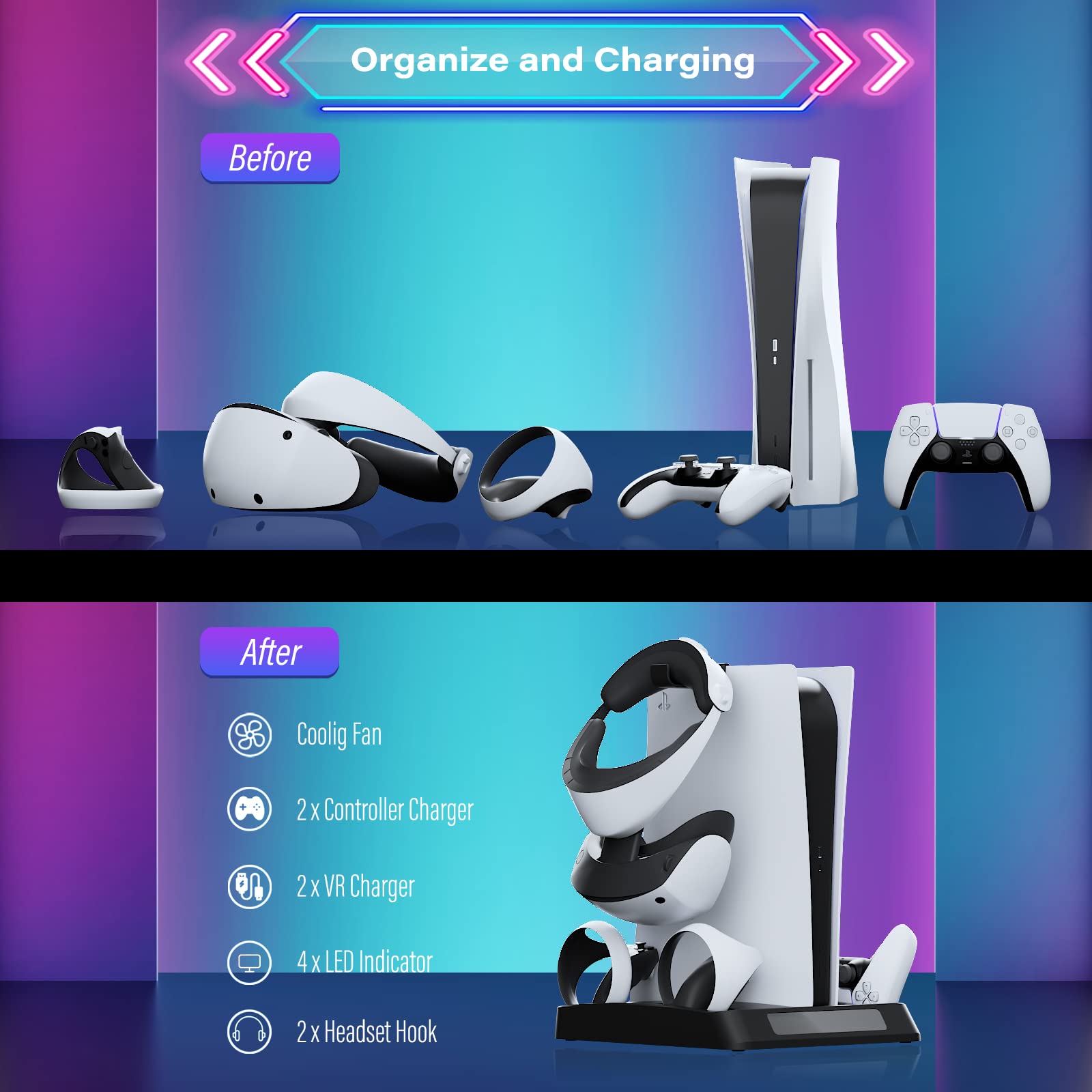 Vertical Stand with Headset Holder for PS5 and PSVR 2, Playstation 5 VR2 Accessories Charger, PS5 and PS VR Charging Station (Black)