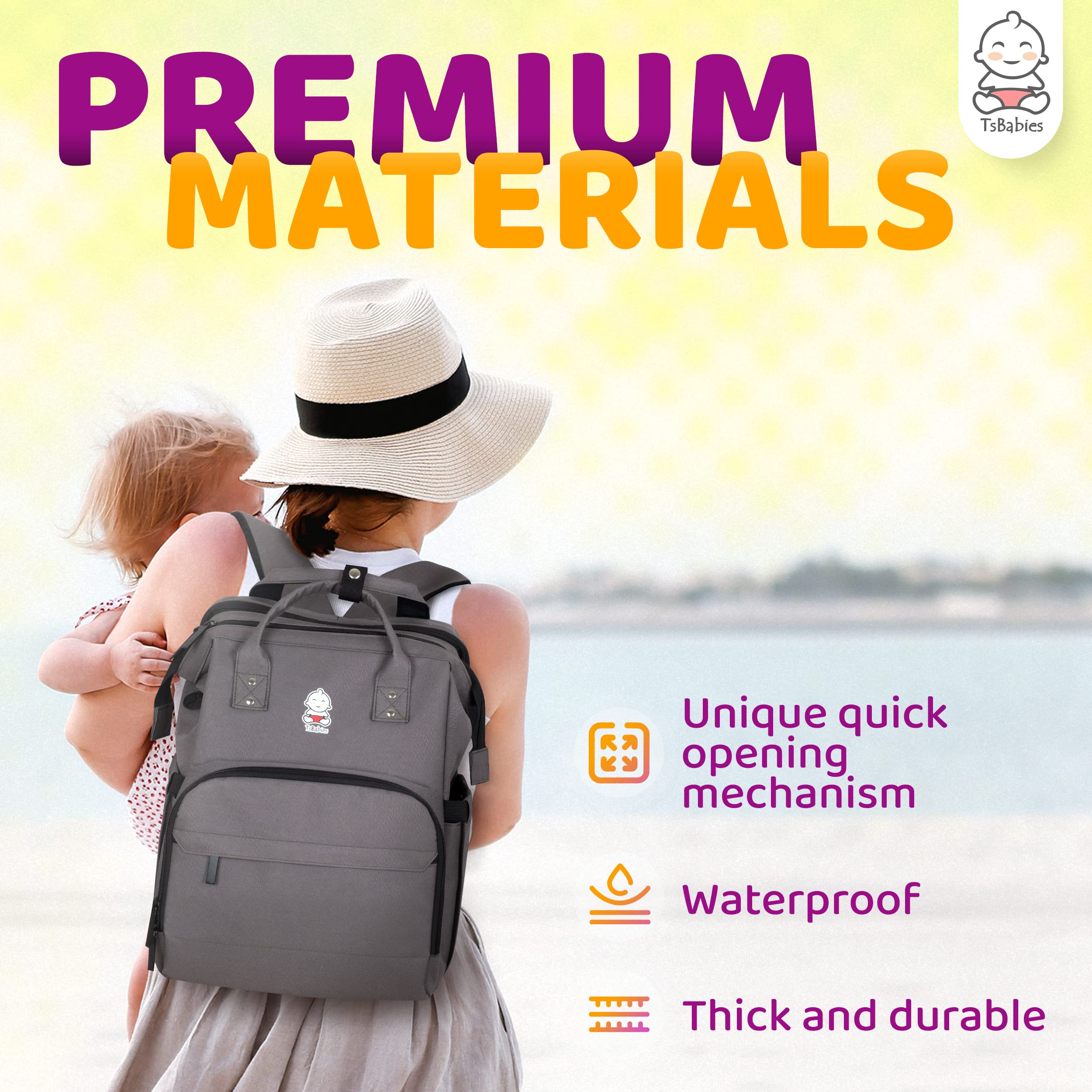 TsBabies Innovative Diaper Bag with Changing Station, Large Baby Bag, Diaper Bag Backpack with Insulated Pockets, Baby Shower Gifts