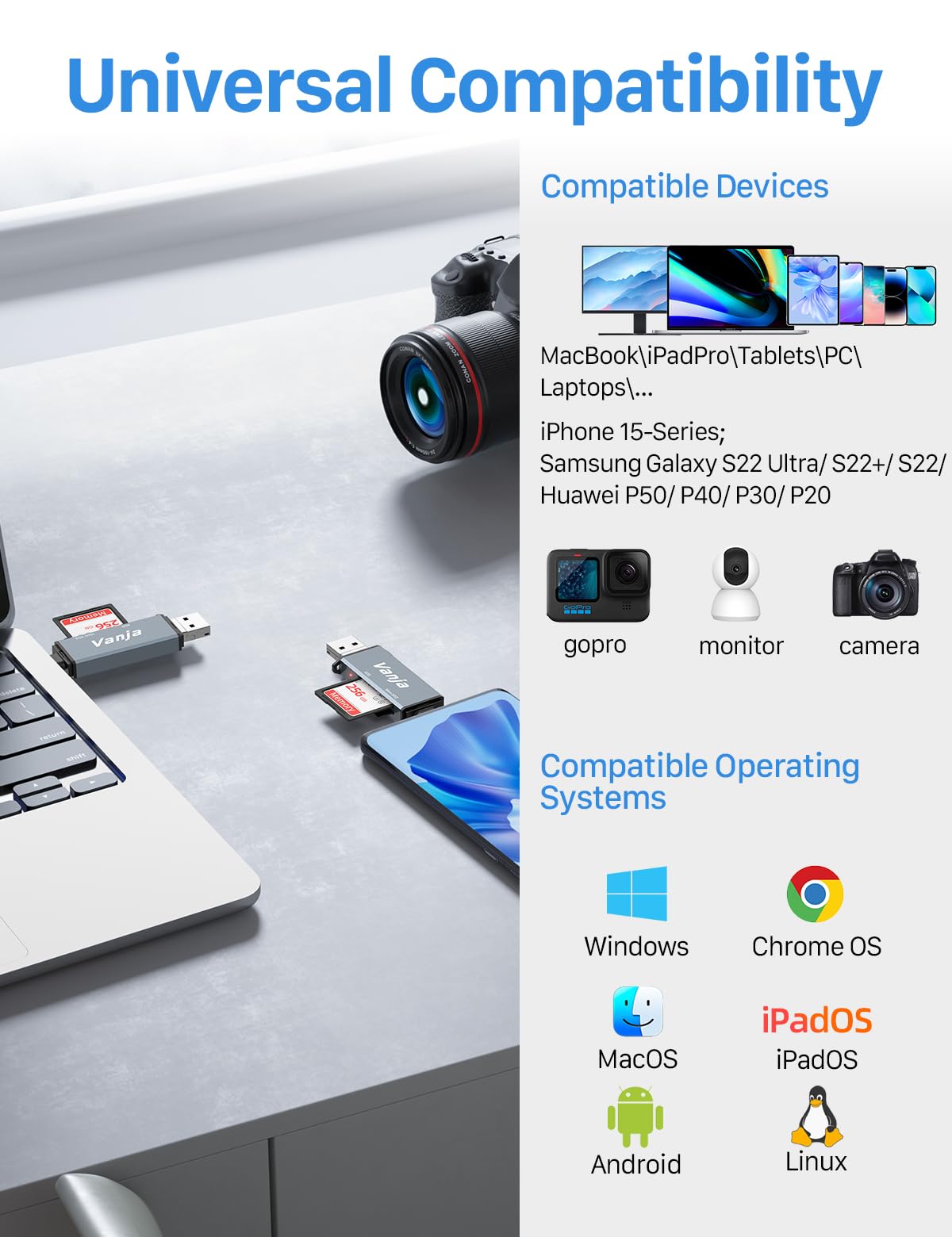 Vanja SD Card Reader, 3 in 1 USB/USB C/Micro USB Micro SD Card Reader Adapter for Mac, MacBook, iPhone 15, Camera, Android Phone, PC, Laptop, Supports Memory Card SD/Micro SD/TF/SDHC/SDXC/MMC