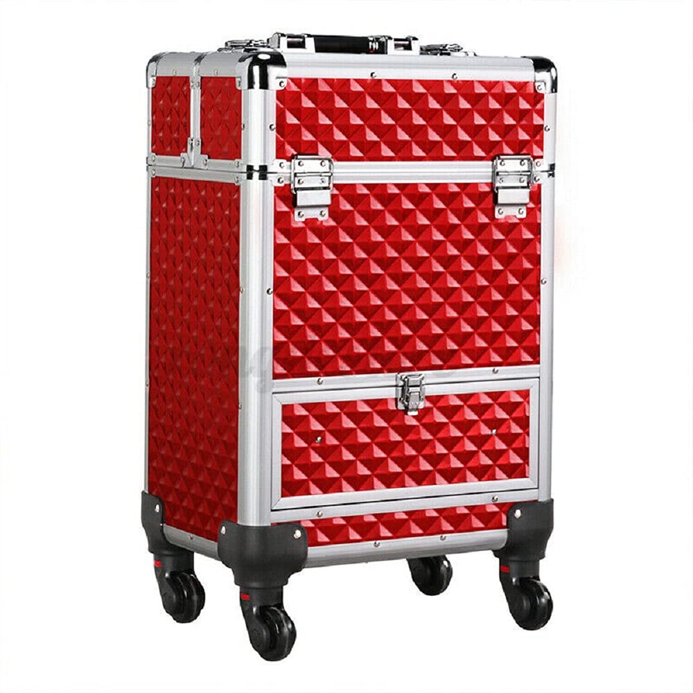 RED 360° Rotating Aluminum Rolling Makeup Train Case Tattoo Cosmetic Box Organizer