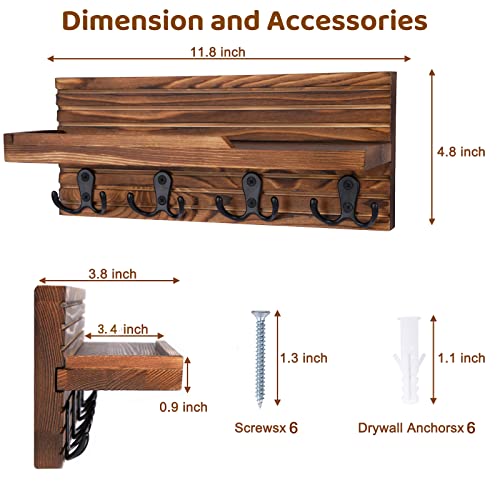 WeBravery Decorative Key Hanging Rack with 4 Double Hooks β Easy Install Natural Wooden Key and Mail Holder for Wall Mount β Entryway Decor Rack with Shelf