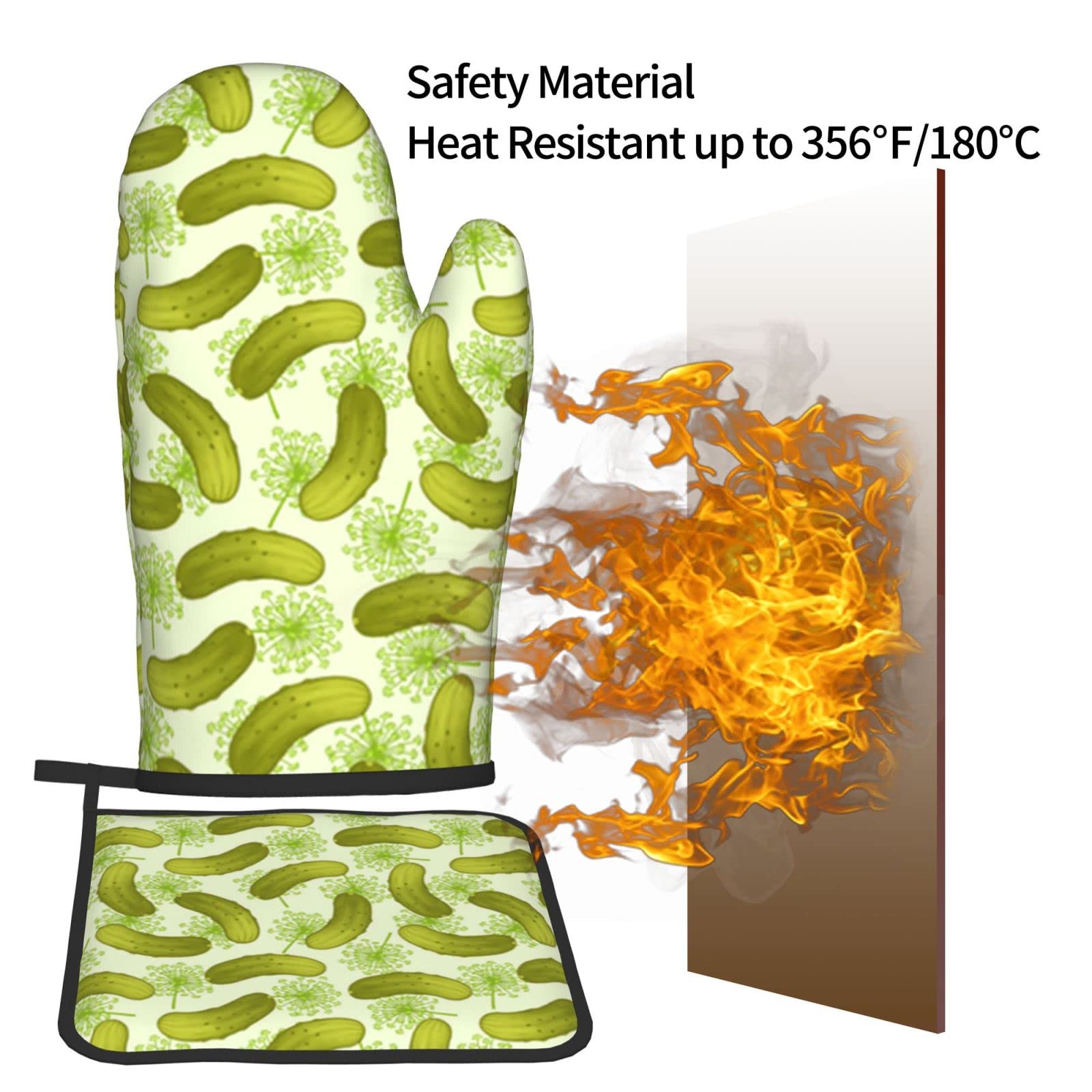Pickle Fabric Oven Mitts & Pot Holders Sets Potholders with Hanging Loop Non-Slip Kitchen Cooking Gloves for BBQ Baking Grilling
