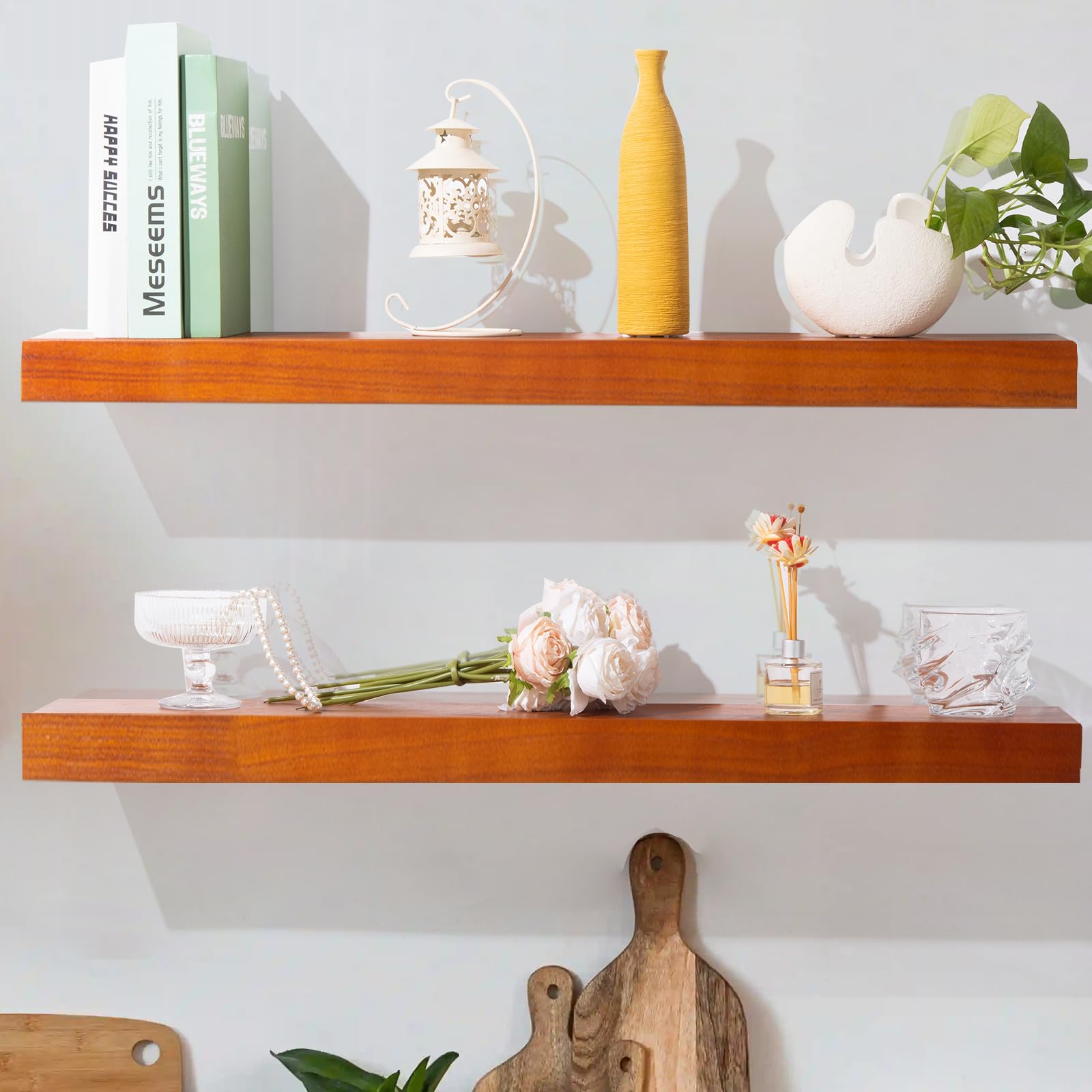 XuXuanHome.Z Natural Wood Floating Shelves 24 inch,Wooden Shelves for Wall,Walnut Floating Shelves for Wall、Solid Wood Floating Shelves,Wooden Floating Shelves for Wall,24 x 6.7X 1.2 inch, Set of 2