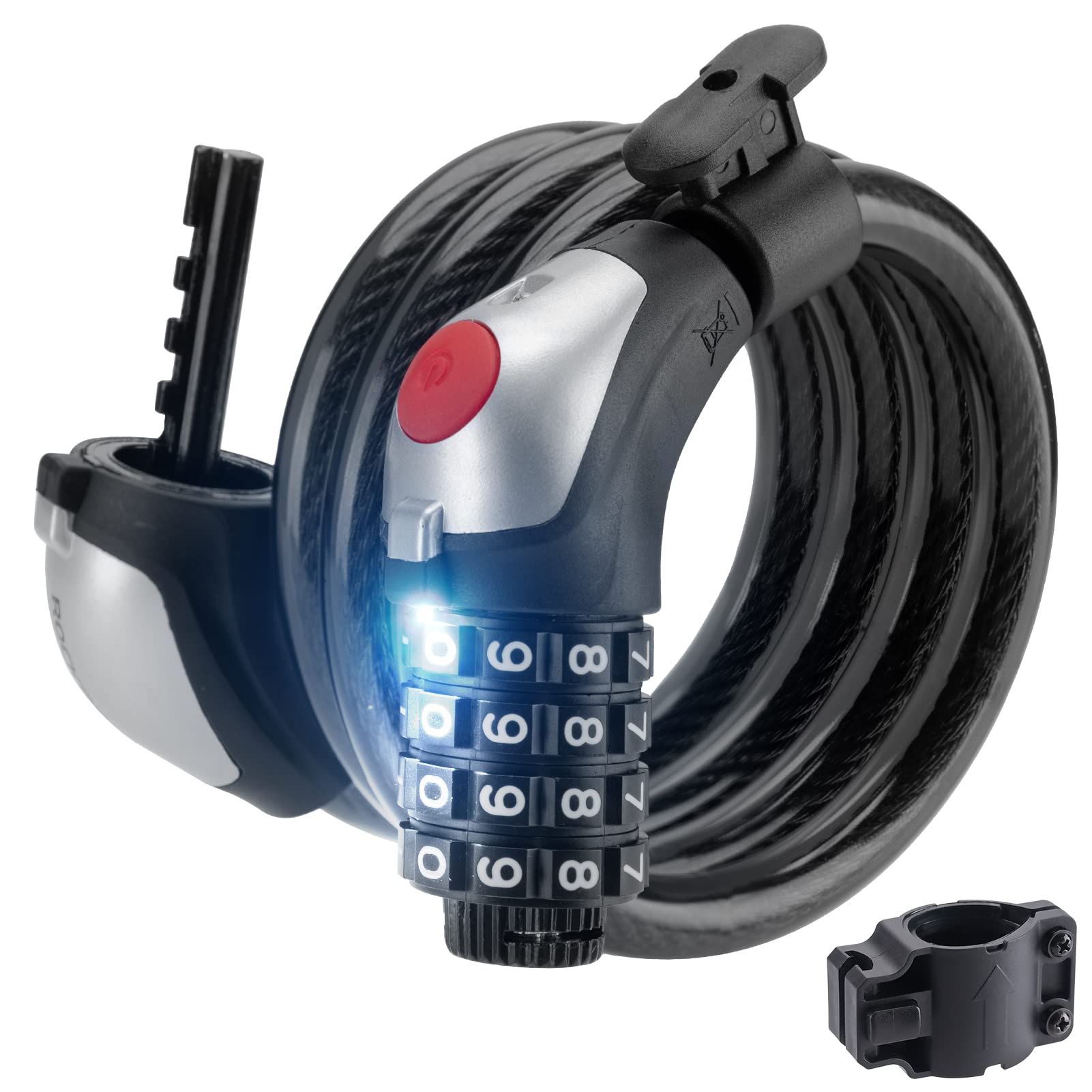 ROCKBROS Bike Lock Cable 6 Feet Self Coiling Etronic Lock 4-Digit Resettable Bike Cable Lock with Mounting Bracket 1/2 inch Diameter Bike Lock Cable Black(4Feet)