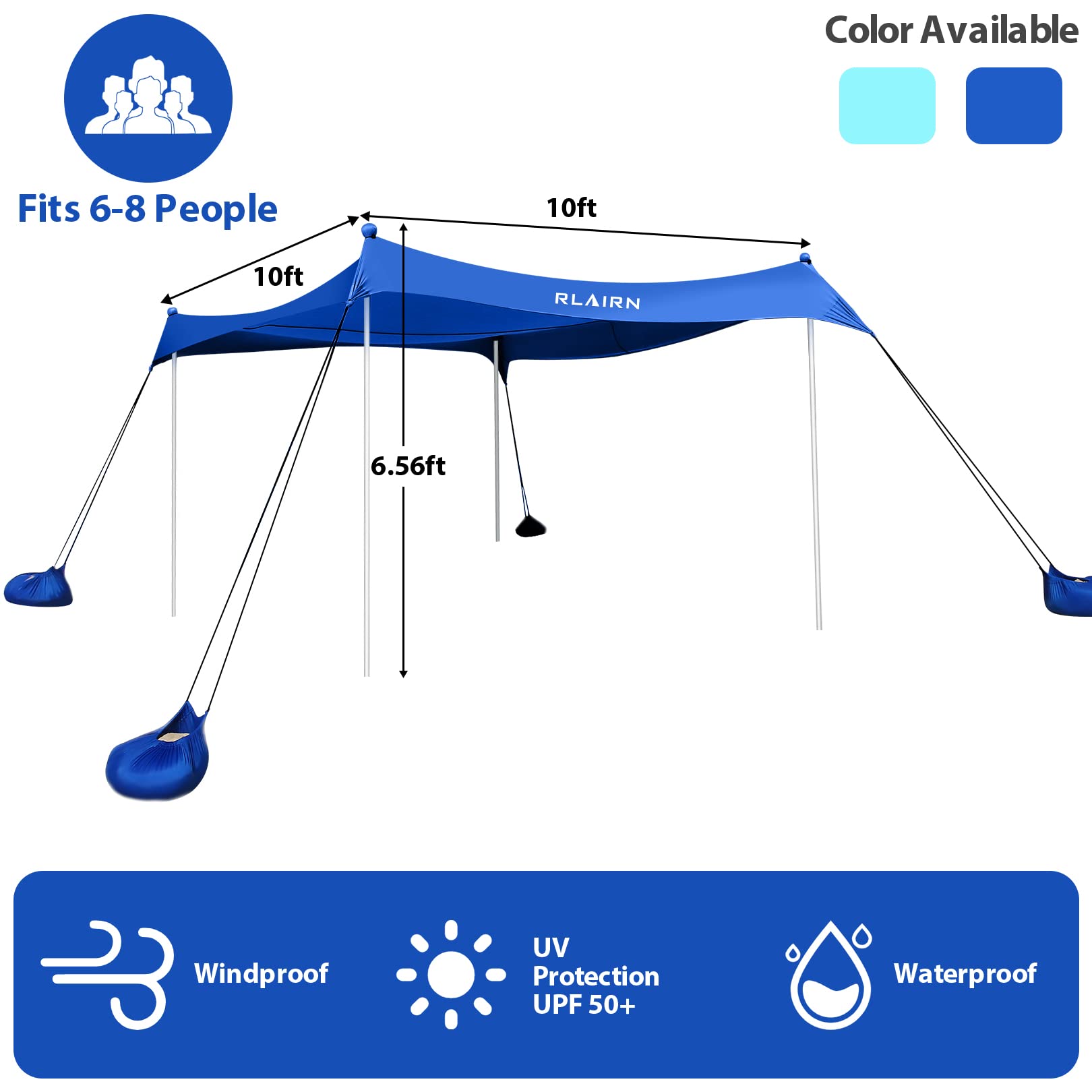 RLAIRN Beach Canopy Tent Sun Shade, Portable Beach Sun Shelter UV Protection Beach Shade Easy Setup with Poles for Beach, Camping, Backyard, Picnics (Blue 7×7 Ft with Rope) (Deep Blue 10×10 FT)