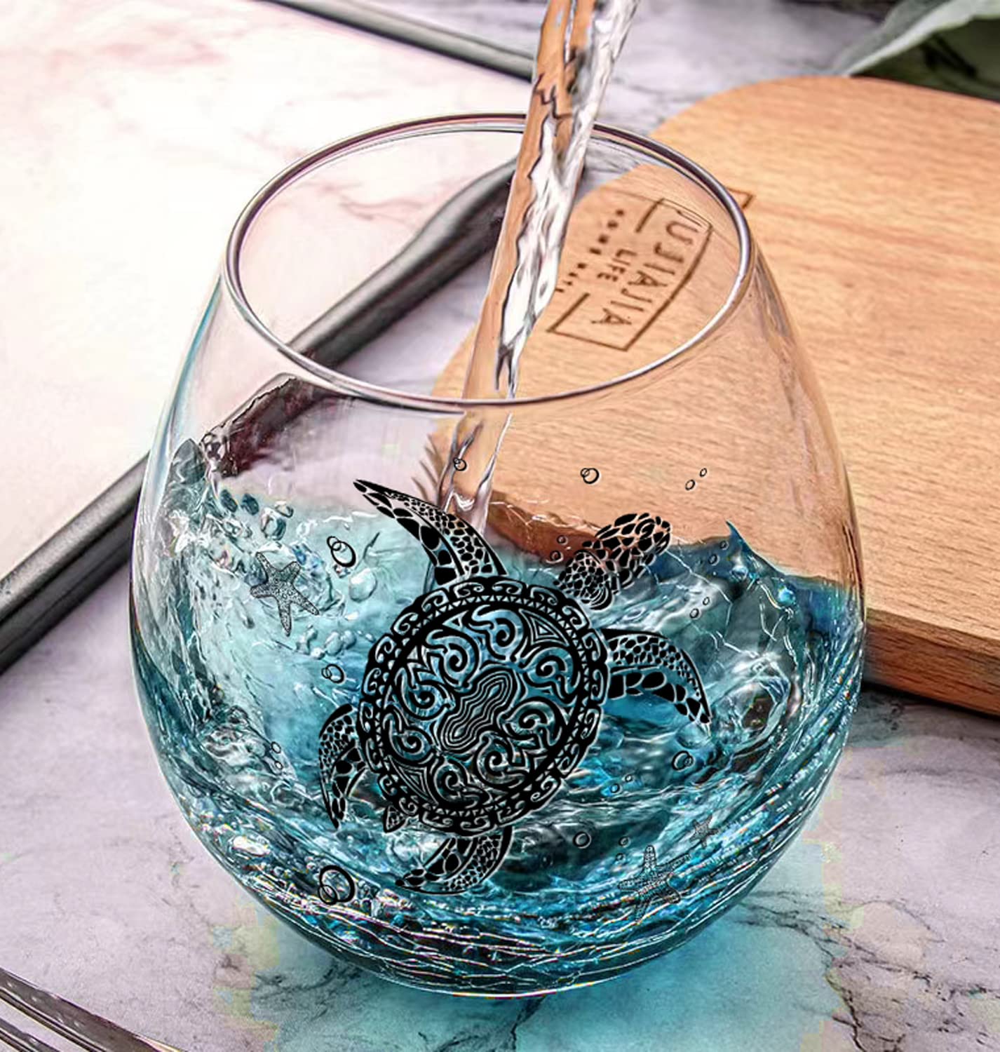 Physkoa Sea turtle wine glass- 13.5OZ Crackle Teal Design, sea turtle gifts for women,Turtle Gifts,Birthday gifts for women(Single)