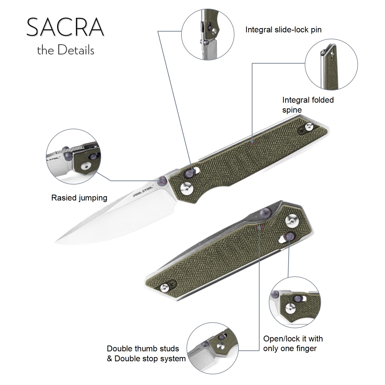 Real Steel Sacra Slide Lock Folding Pocket Knife - Bohler K110 Blade, Micarta Handle - Camping, Hiking, EDC - Men and Women - Satin/Green"
