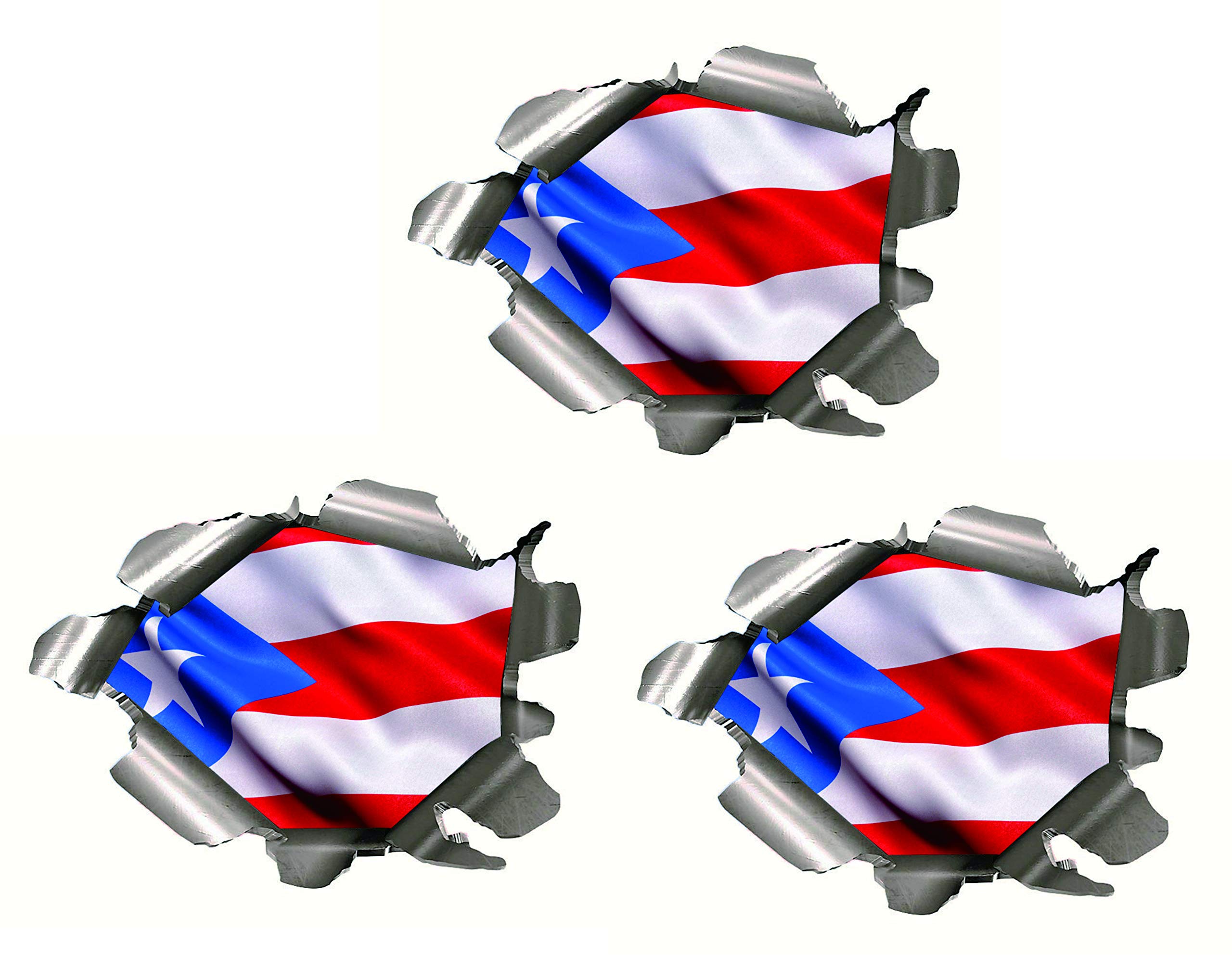 Three (3) Puerto Rican Flag Bullet Holes 3D | Puerto Rico Hard Hat Stickers - USA Welder Electrician Scaffolder Welding Stickers