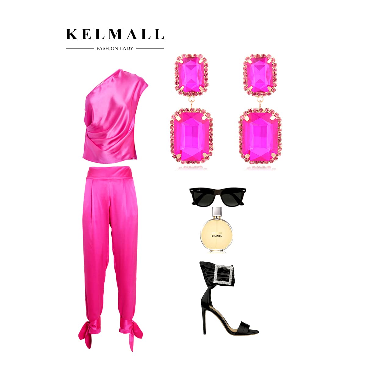 Rose Pink Crystal Chandelier Drop Earrings, Rhinestone Rectangle Statement Earrings for Women Evening Jewelry KELMALL COLLECTION