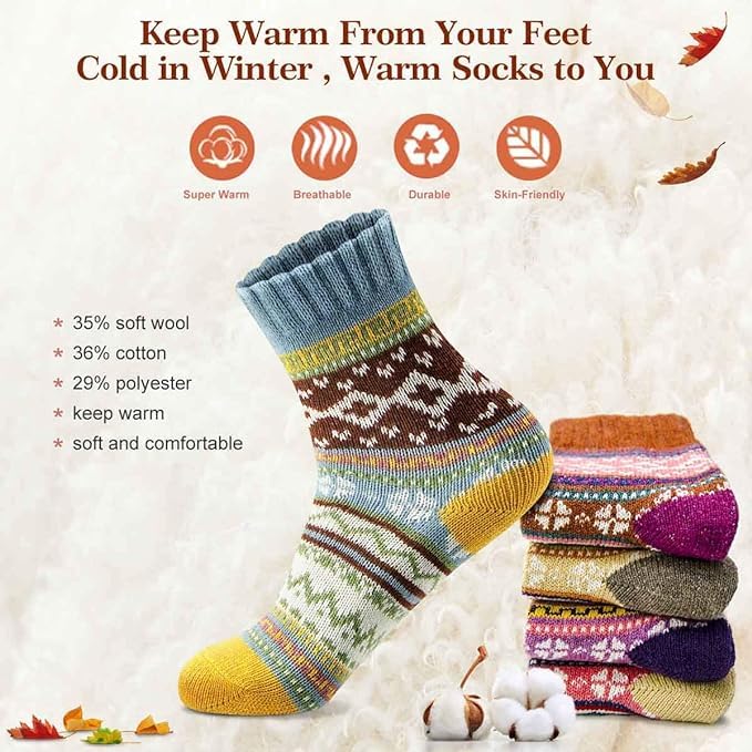 MORECOO 5 Pack Womens Wool Socks Thick Knit Vintage Winter Warm Cozy Crew Socks Gifts
