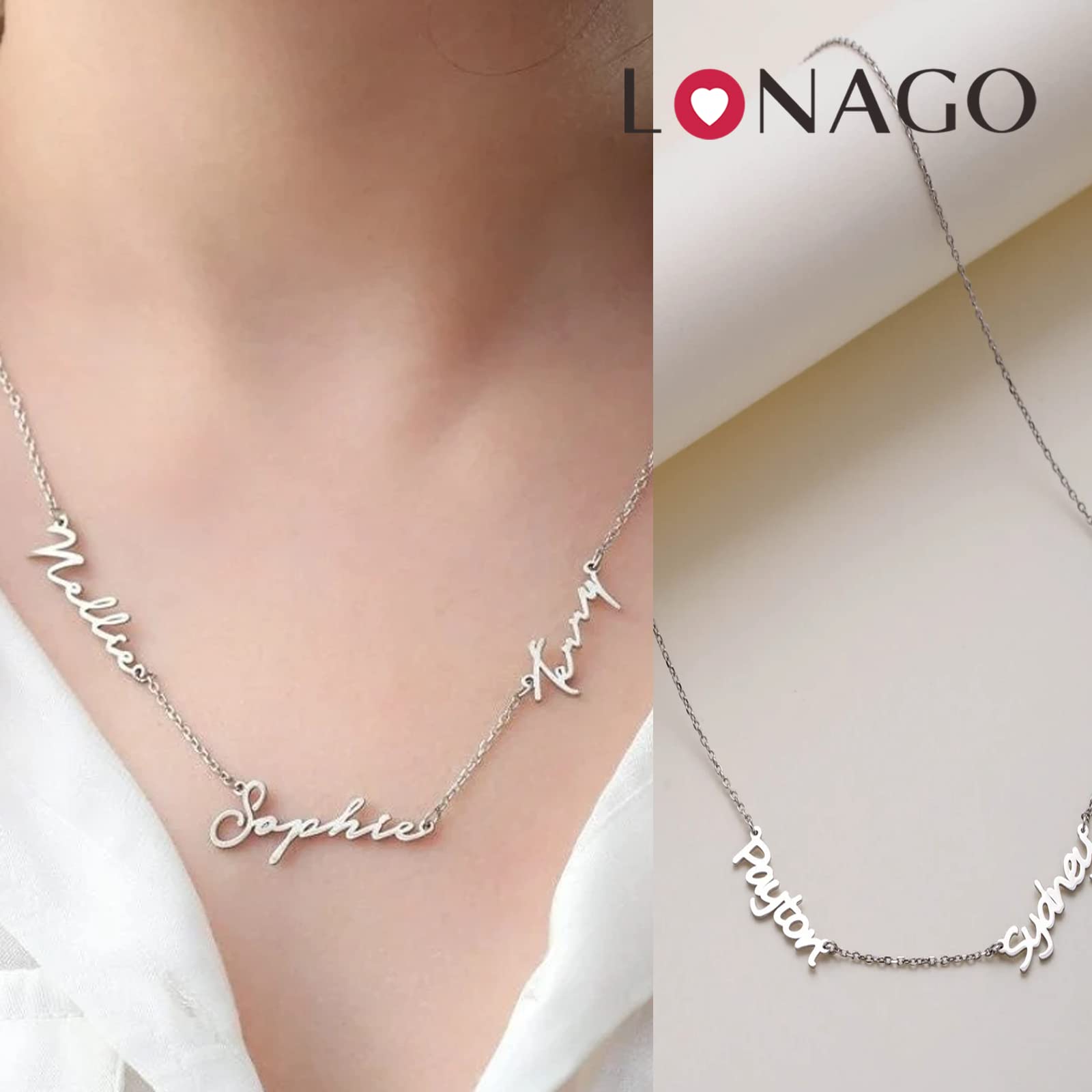 LONAGO Personalized Name Necklace Custom Name Plate Necklace - One, Two,Three or More Names Necklace for Women
