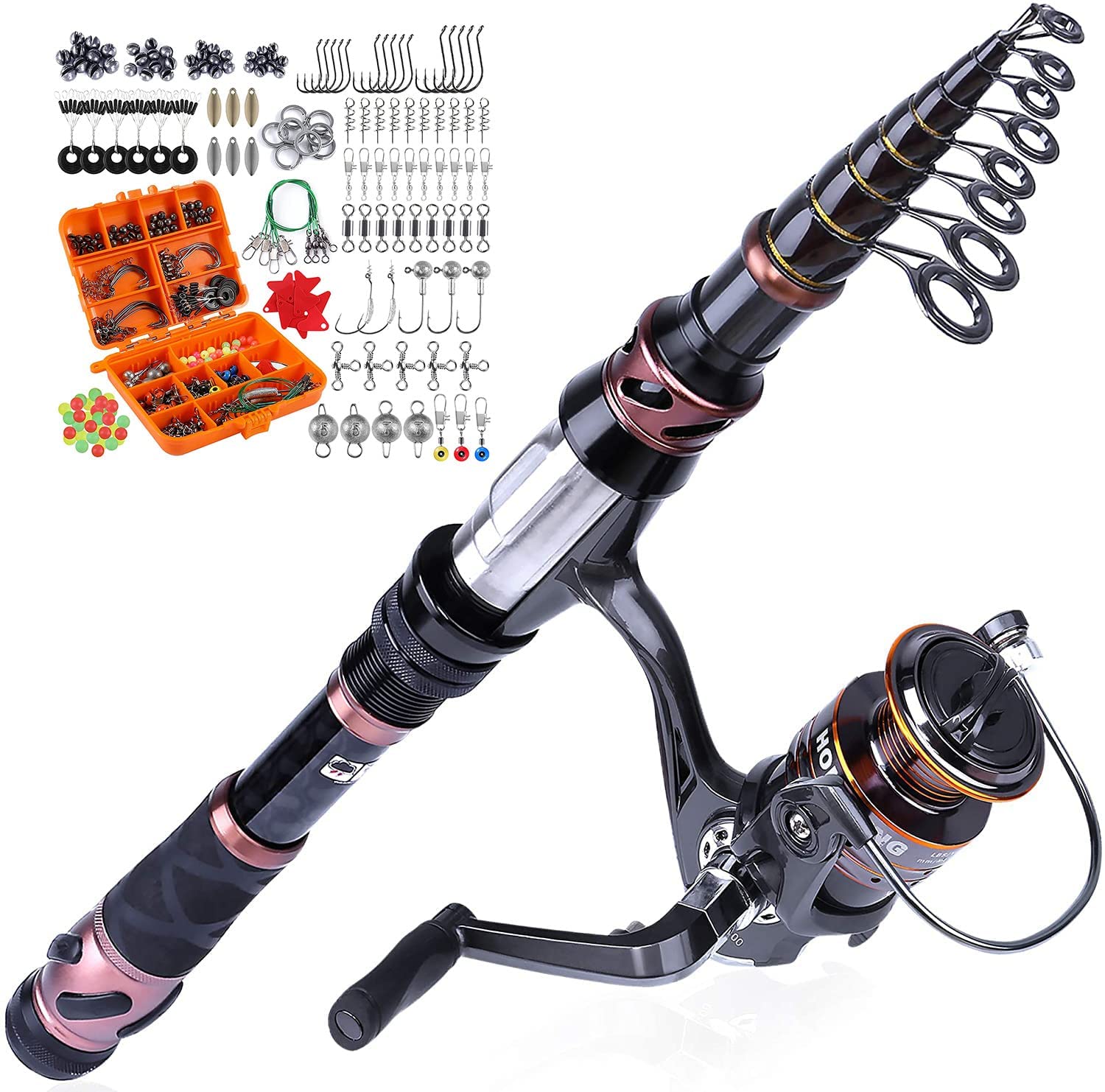 PLUSINNO Fishing Rod and Reel Combos, 212Pcs Fishing Tackle Kit with Tackle Box, Saltwater Freshwater Kit Fishing Rod Kit