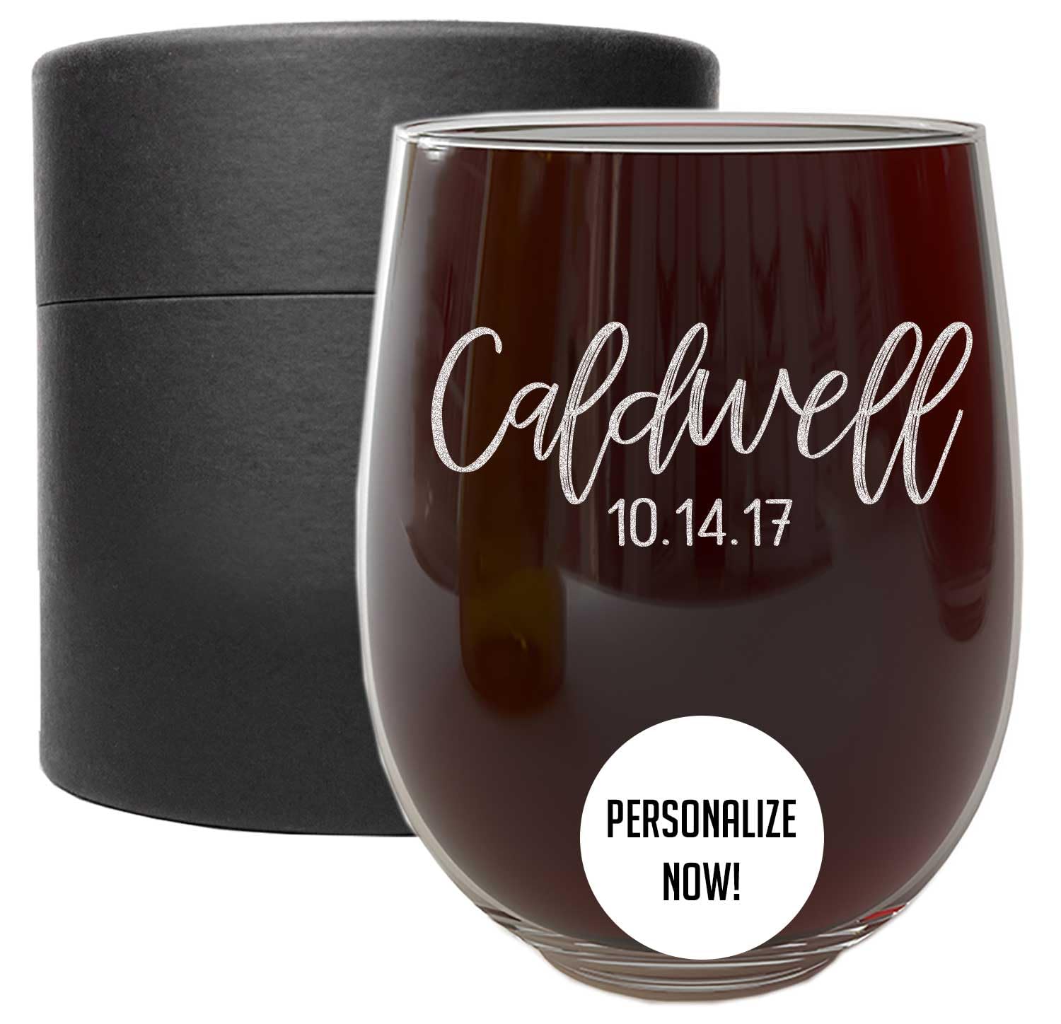 Personalized Etched Monogram 17oz Stemless Wine Glass - Wine Gifts for Women, Customized Engraved Wedding Gifts, Unique Mother's Day Gift, Bridesmaid, Customizable Birthday Wine Tumbler, Caldwell